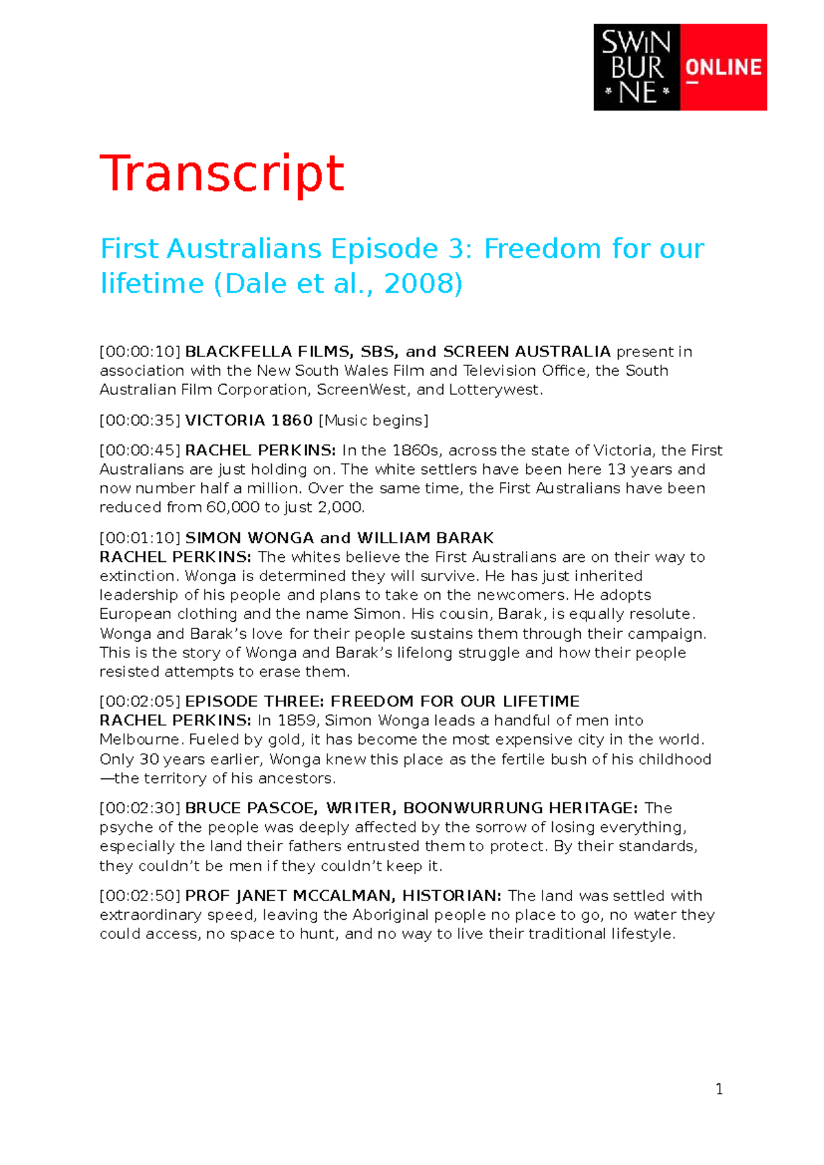 Transcript - Freedom for Our Lifetime (First Australians Episode 3 ...