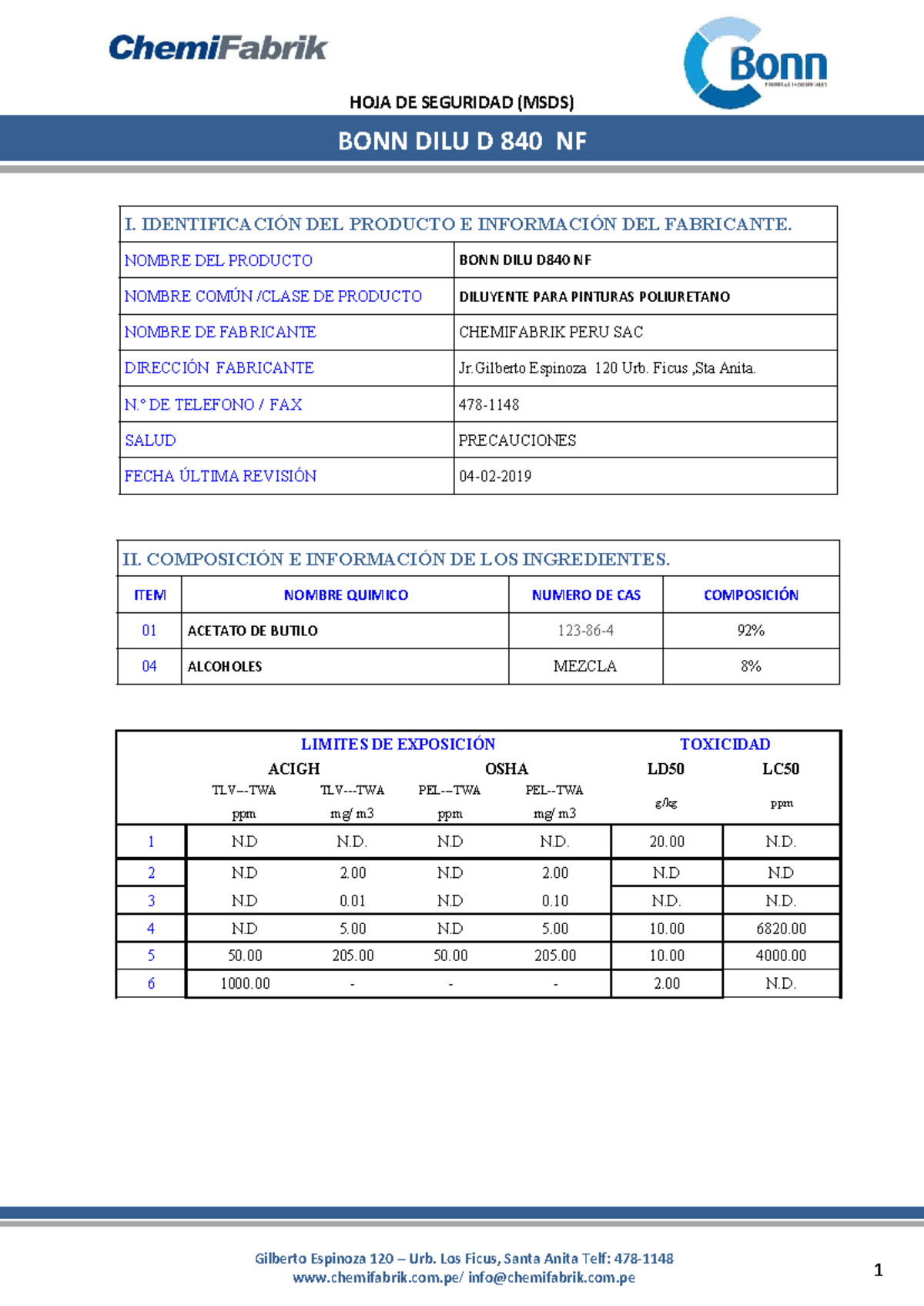 MSDS 69: HOJA DE SEGURIDAD BONN DILU D840 NF - Studocu