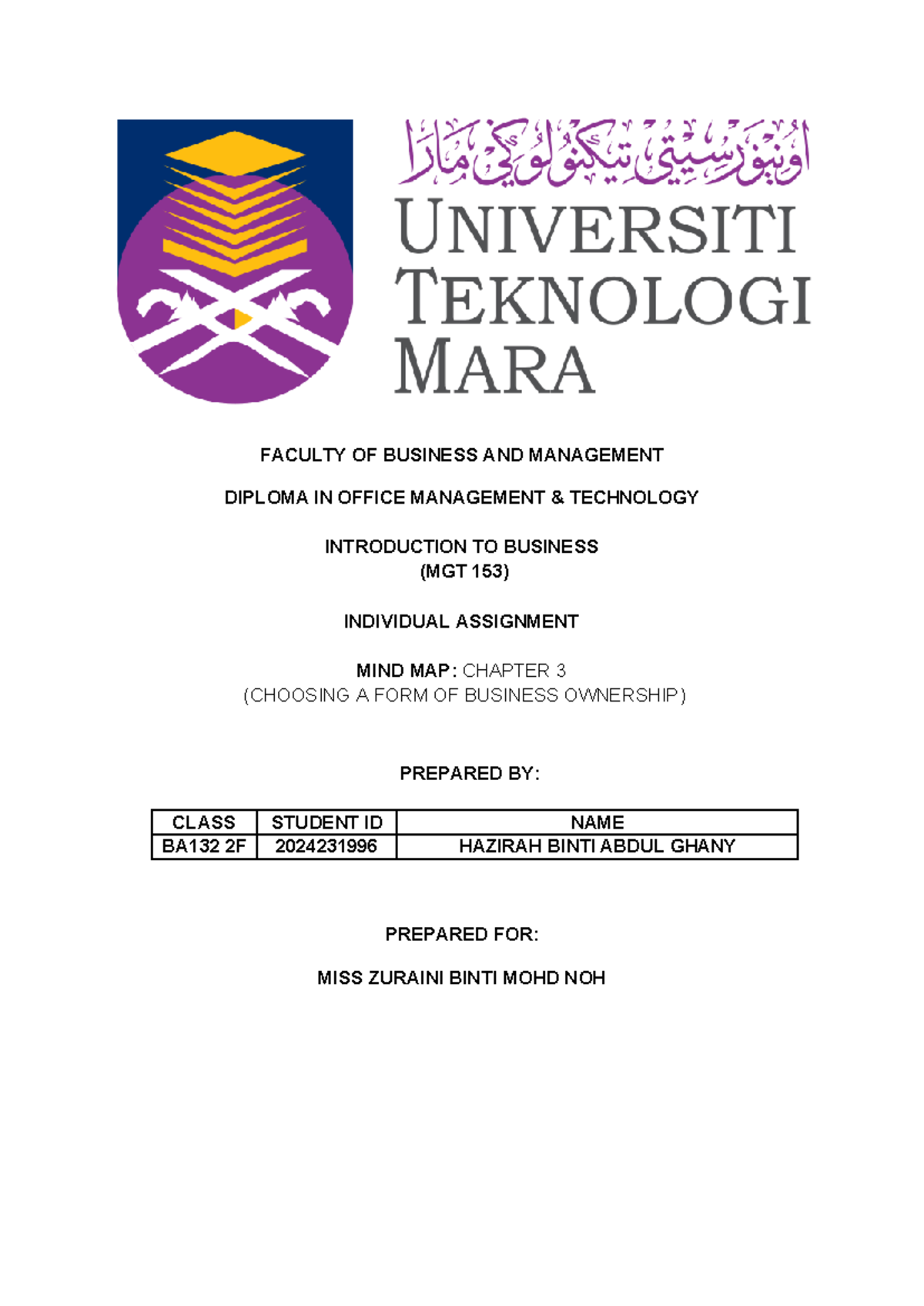 Mgt individual assignment mindmap - FACULTY OF BUSINESS AND MANAGEMENT ...