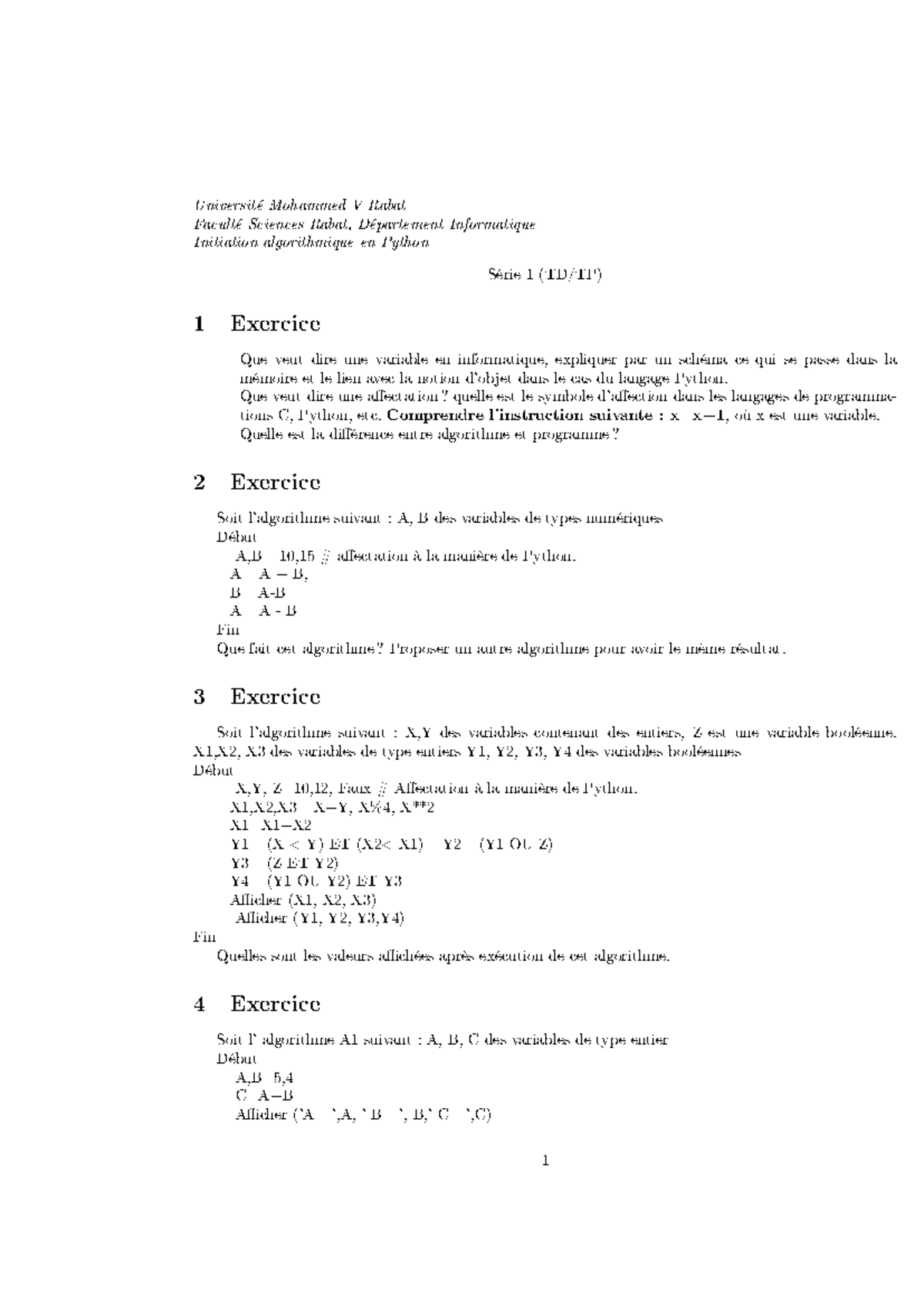 Série 1 - Exercice sur les Variables en Python (INFO101) - Studocu