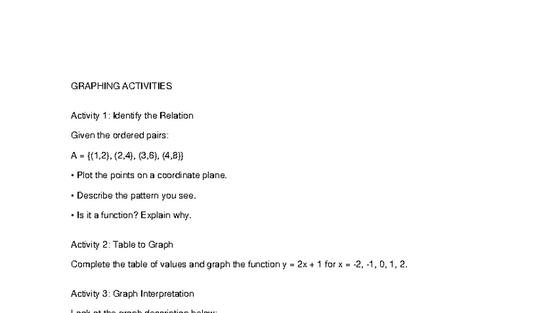 Graphing Activities: Exploring Functions and Linear Equations - Studocu