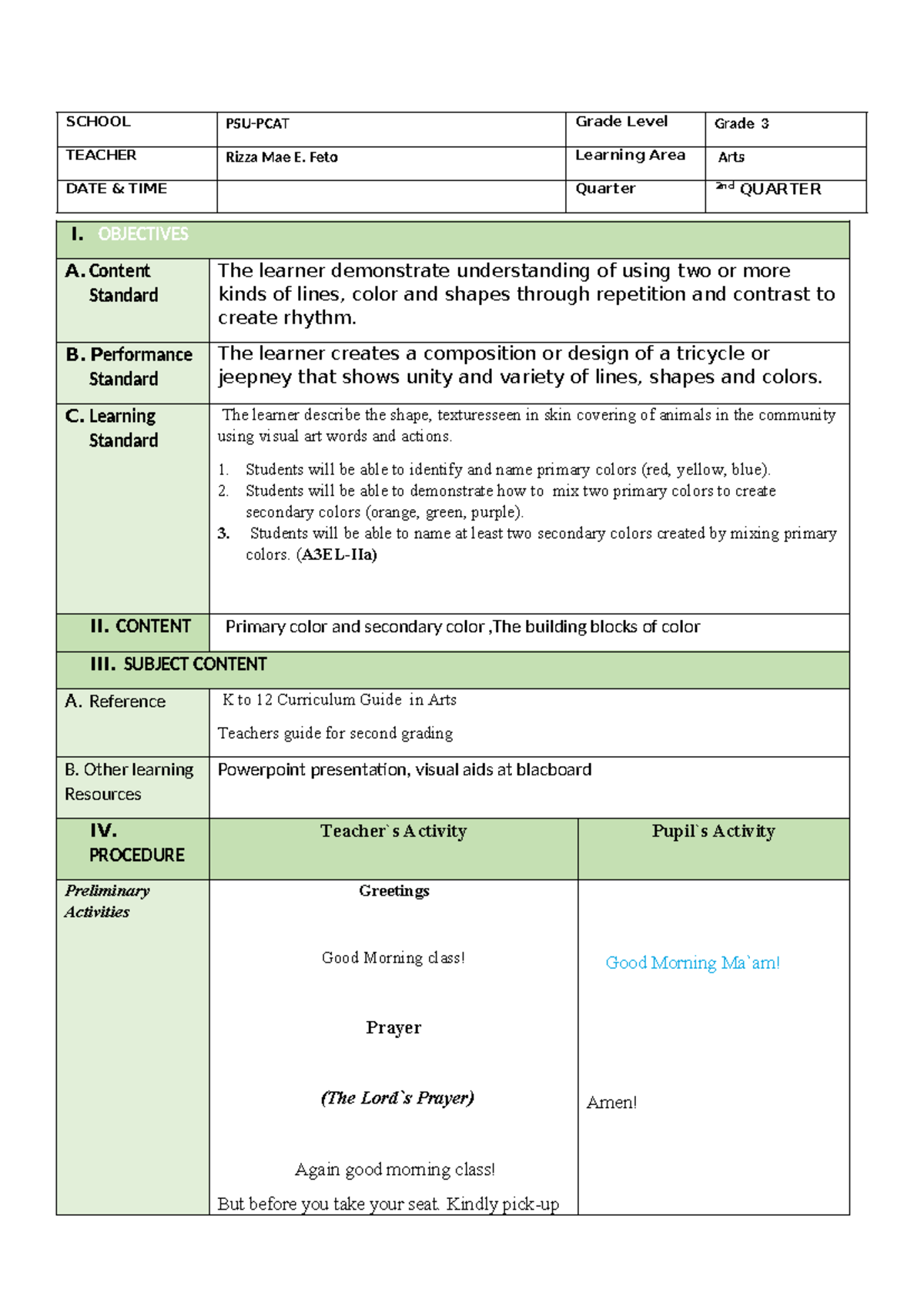 Grade 3 Arts Lesson Plan: Understanding Colors & Shapes - Studocu