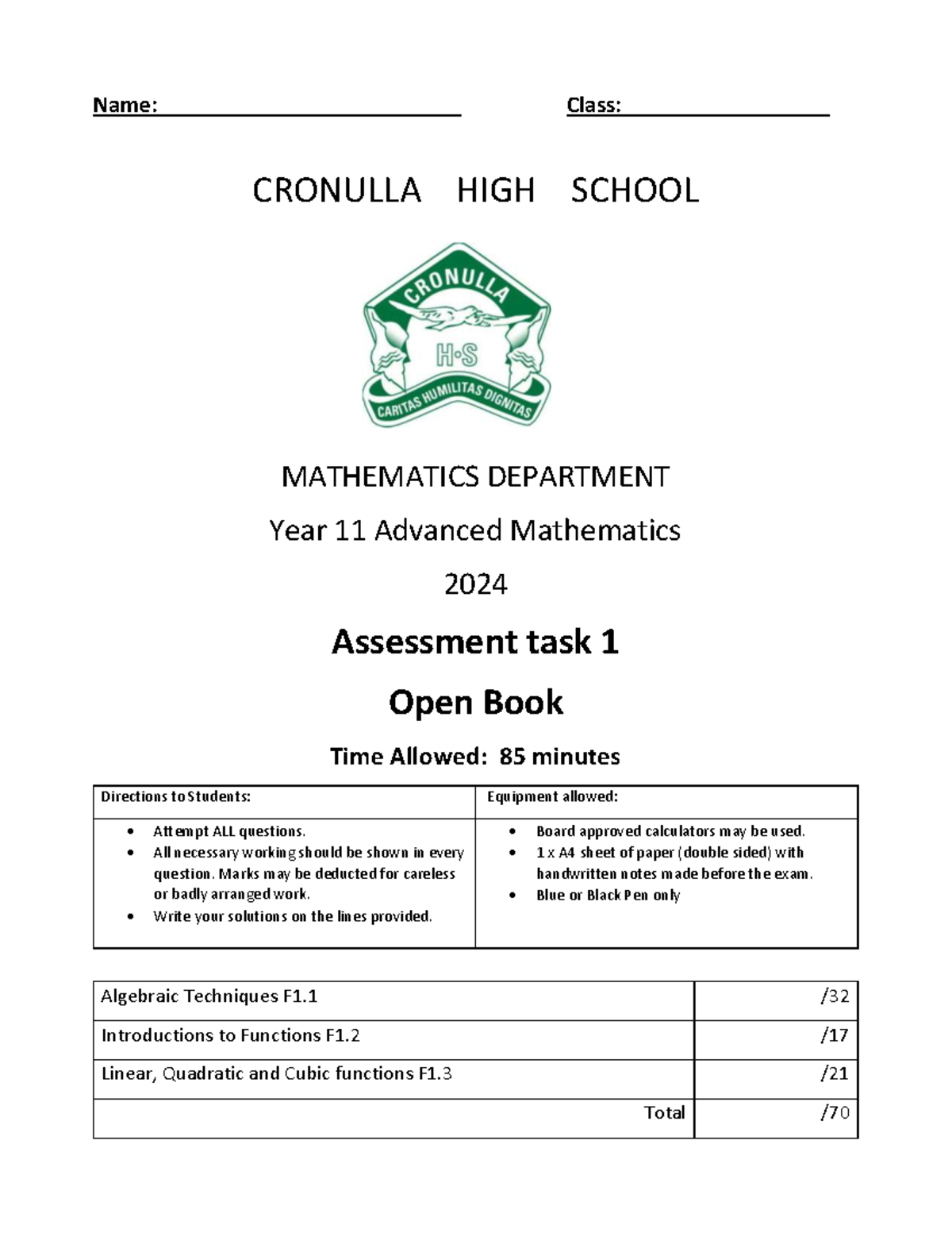 Year 11 Advanced Mathematics Assessment Task 1 - Studocu