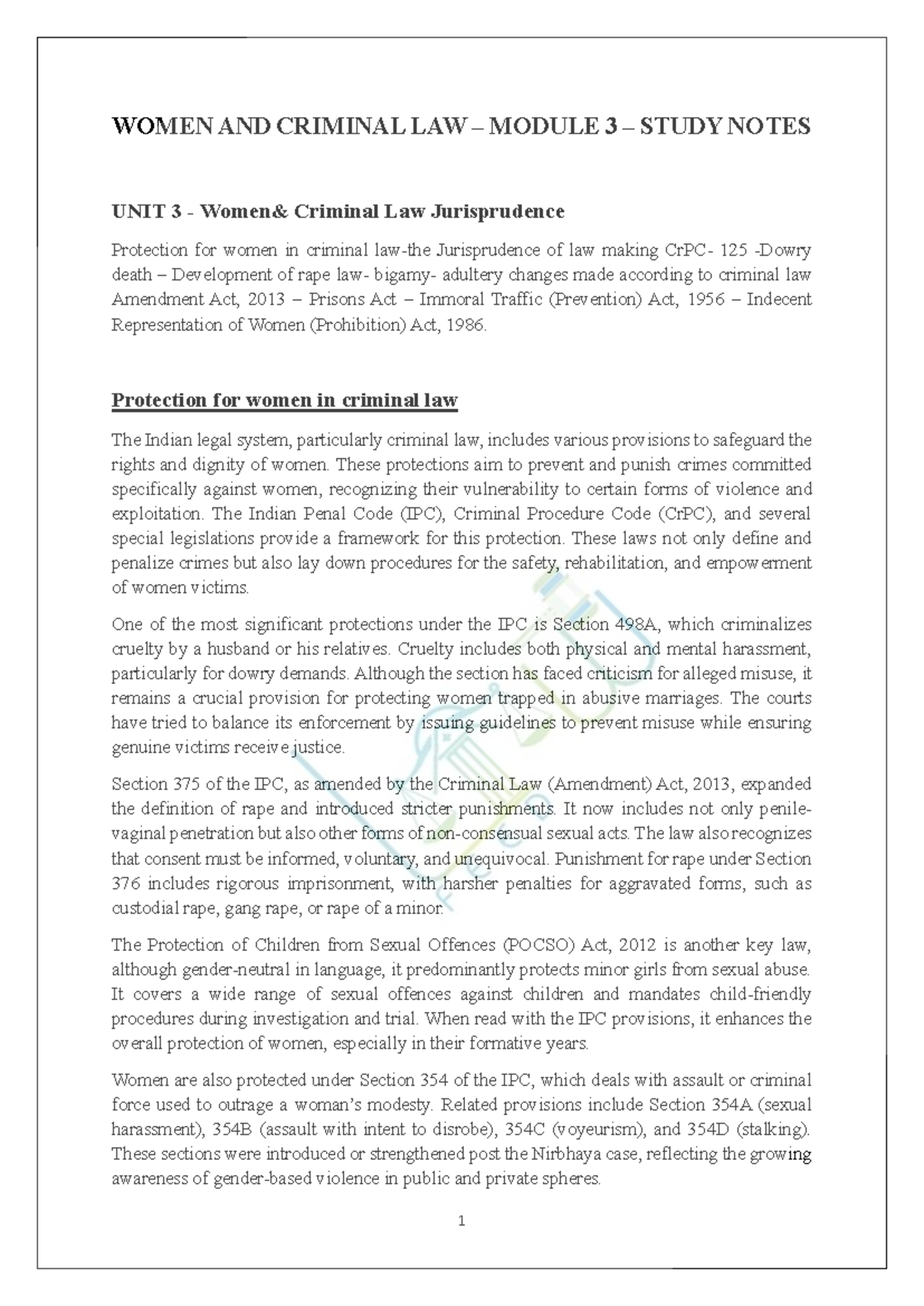 Women and Criminal Law - Module 3 Study Notes on Jurisprudence and ...