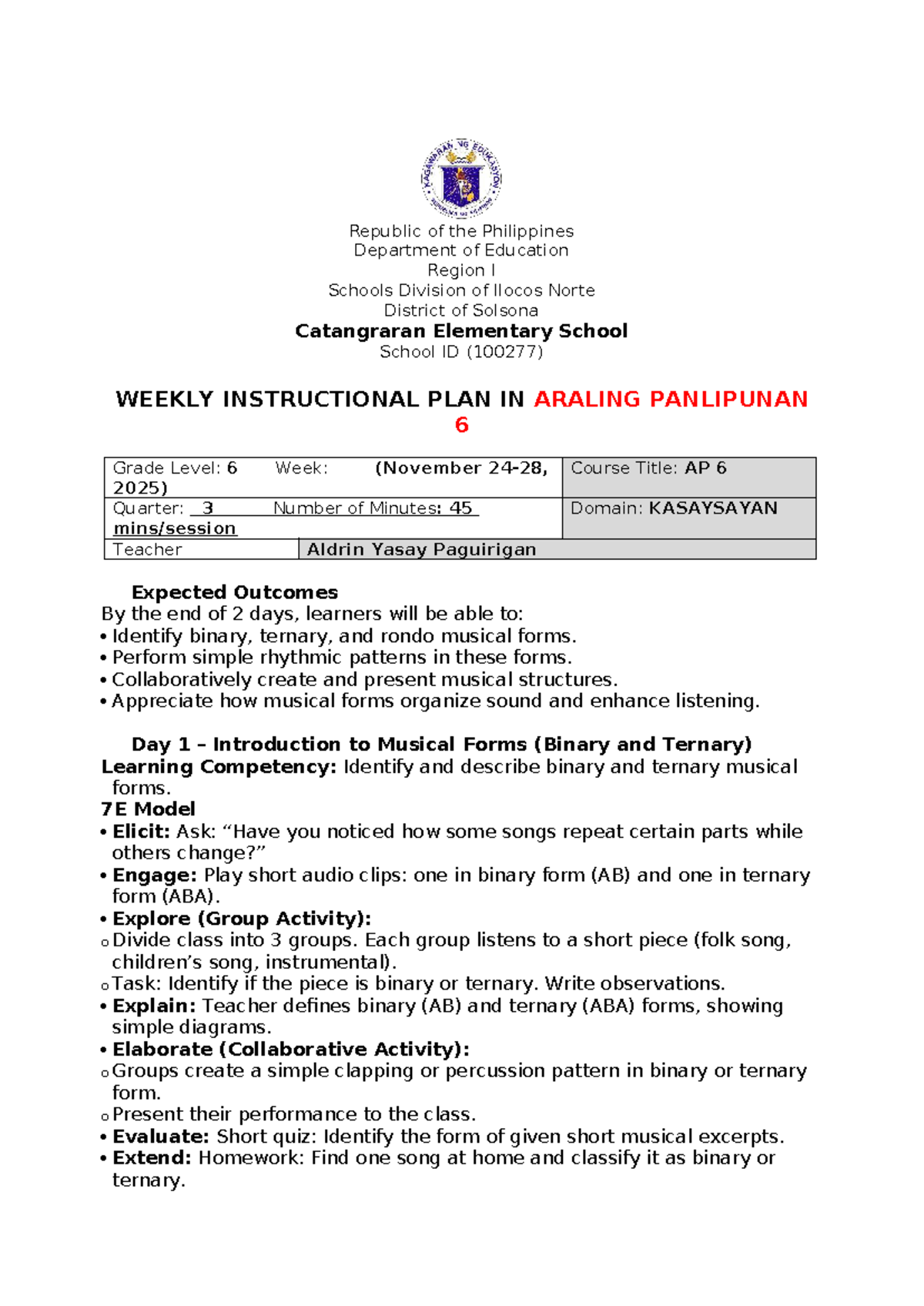 Weekly Instructional Plan for AP 6: Musical Forms & Repeat Marks - Studocu