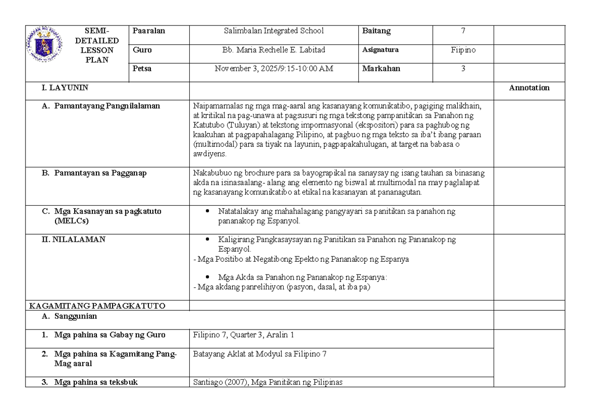 SEMI-DETAILED LESSON PLAN: Filipino 7 (Nov. 3-7, 2025) - Studocu