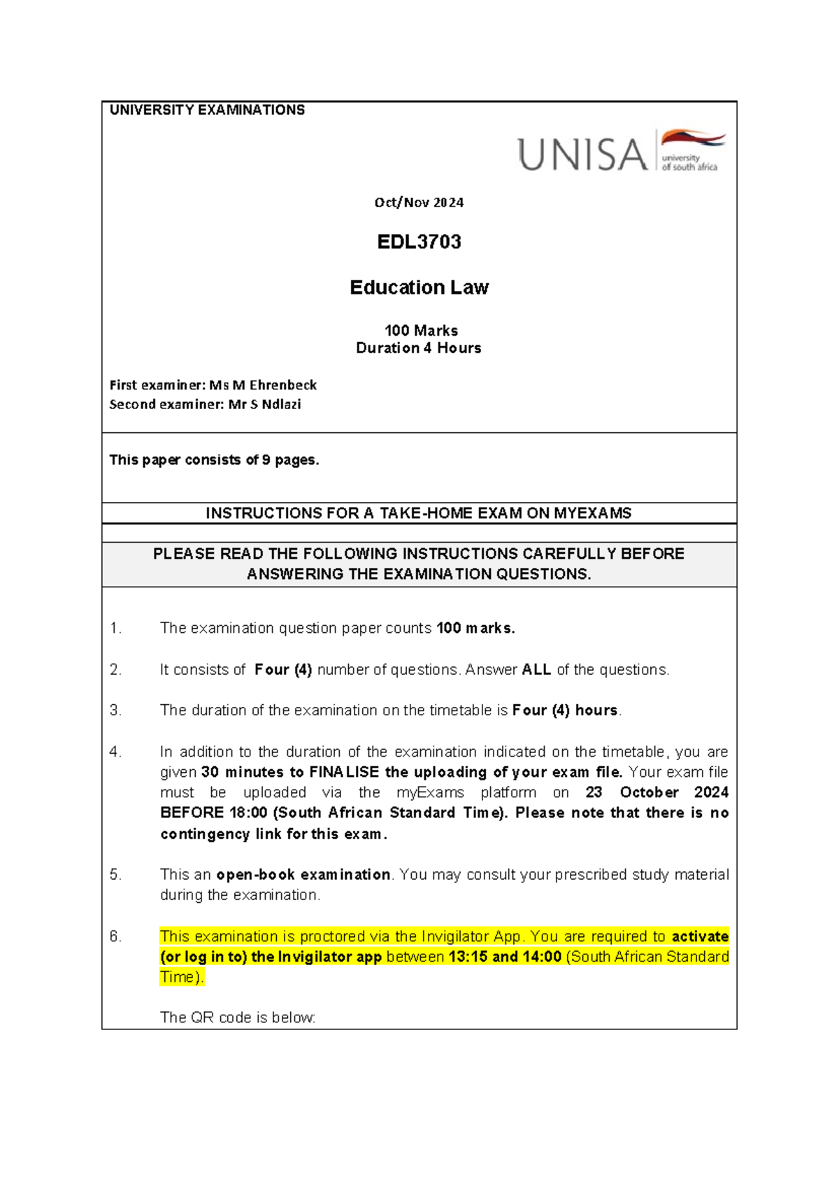 EDL3703 Oct Nov 2024 Education Law Final Exam Instructions & Questions ...