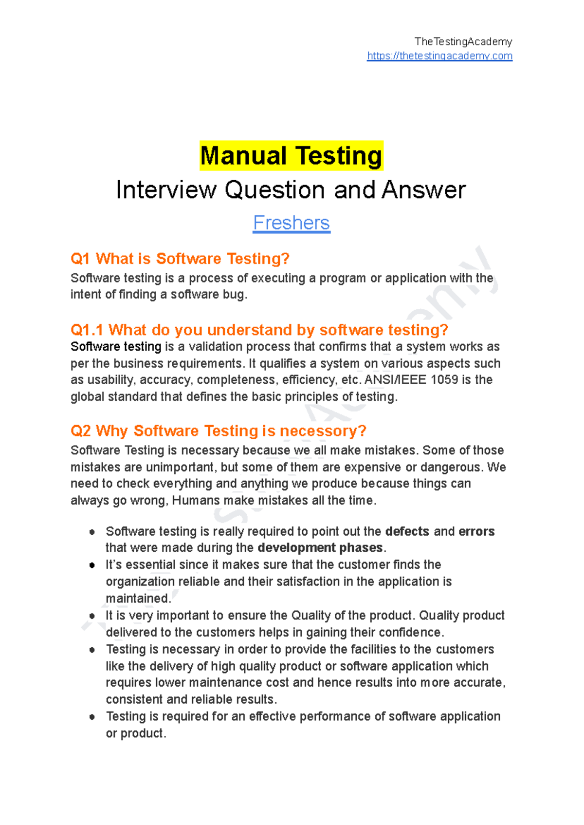 Manual Testing Q&A Notes - The Testing Academy (MT101) - Studocu