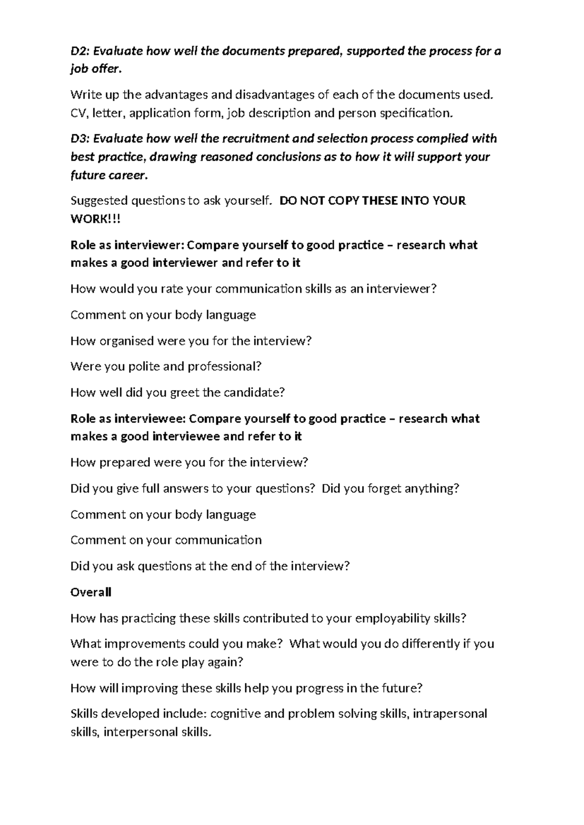 BTEC Business D2 & D3: Recruitment & Selection Notes for Success - Studocu