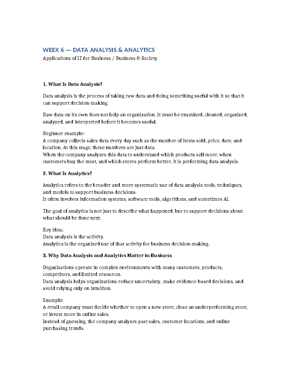 Week 6: Data Analysis & Analytics Notes for IT Business Applications ...