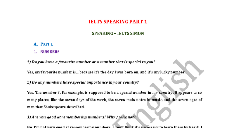 IELTS Speaking Part 1: Basic Topics and Sample Answers - Studocu