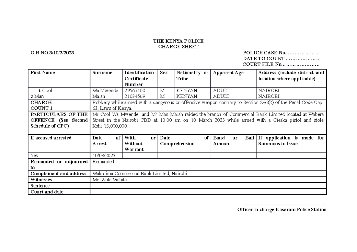 Charge Sheets - Legal Cases Summary O.B NO. 3-6/10/3/2023 - Studocu