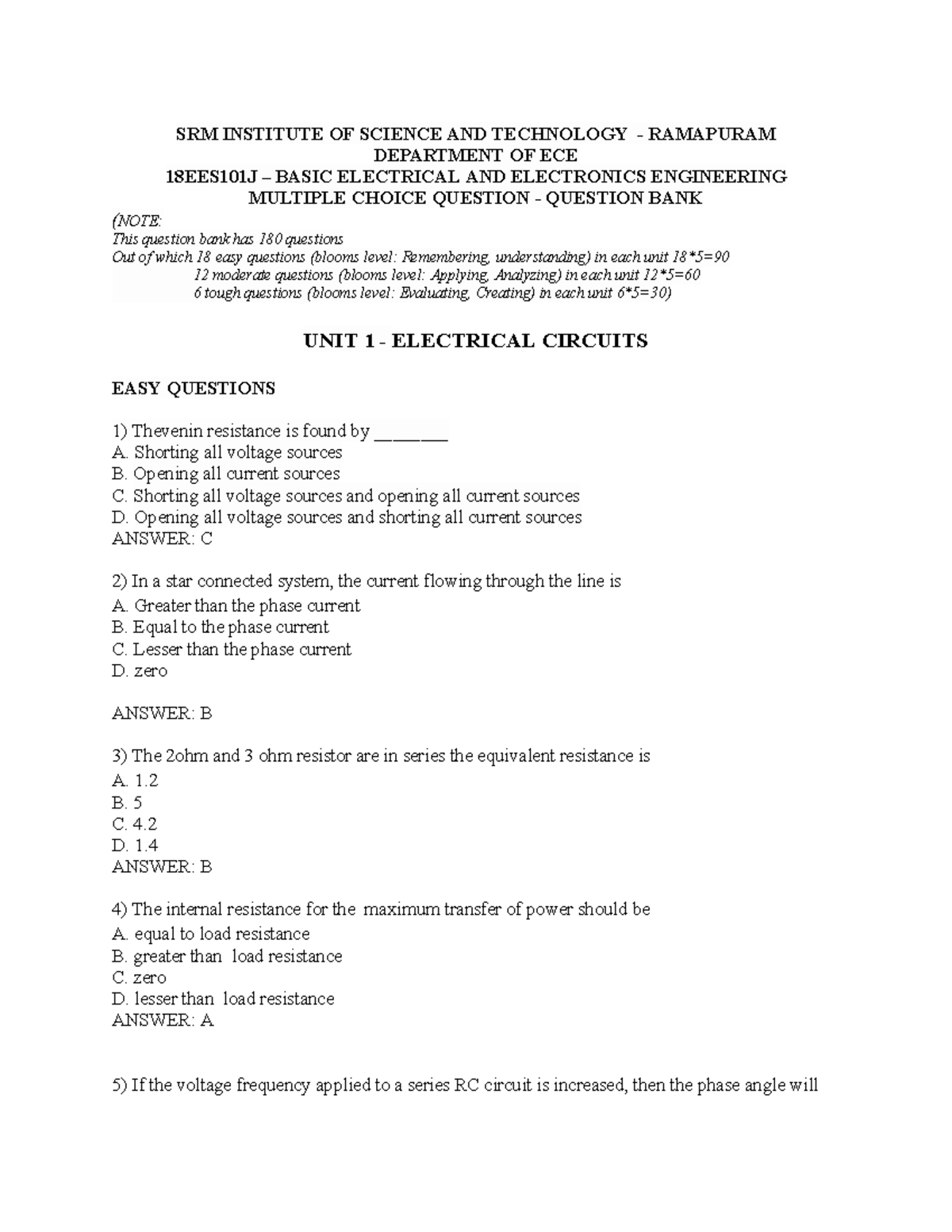 BEEE 18EES101J Basic Electrical & Electronics Engineering MCQ Bank ...