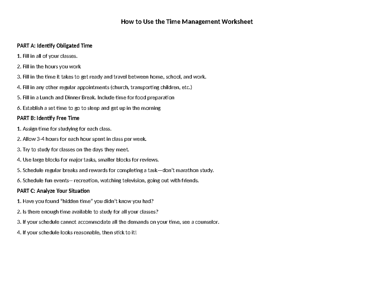 Time Management Sheet HW-1 - How to Use the Time Management Worksheet ...
