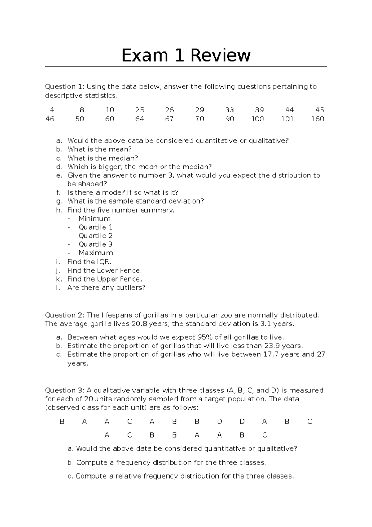 Exam 1 Review: Descriptive Statistics & Data Analysis - Studocu