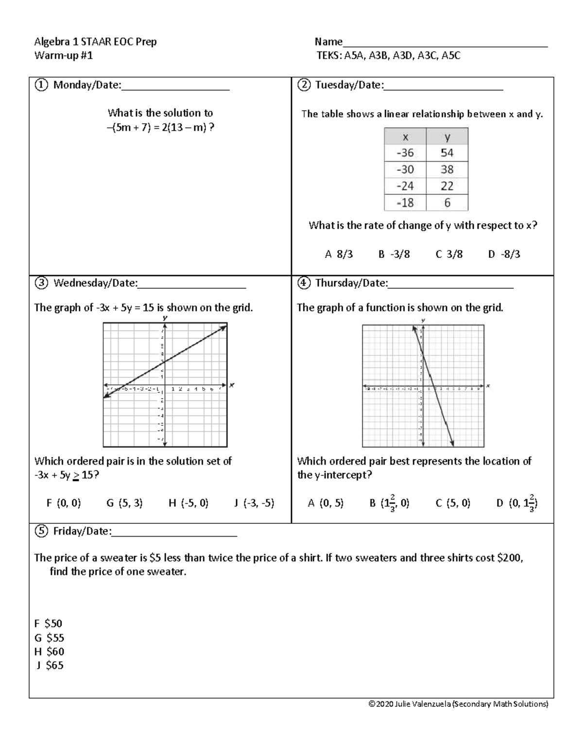 Algebra 1 Staareocprep Warm Up 1-1 - Algebra 1 STAAR EOC Prep - Studocu