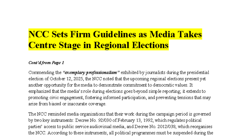 NCC Guidelines for Media in Regional Elections: Key Directives and ...