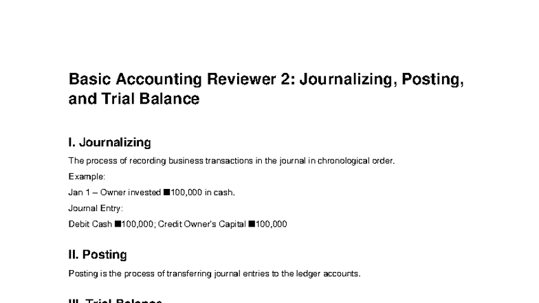 Basic Accounting Reviewer 2 - Journalizing The process of recording ...