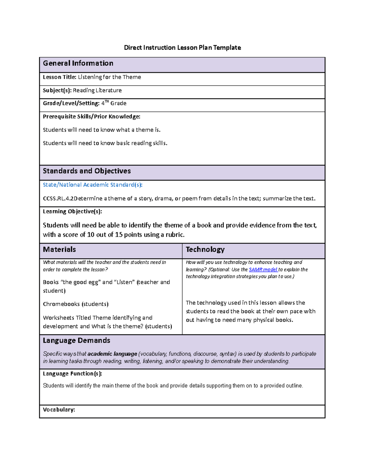 C970 Direct Instruction Lesson Plan: Listening for the Theme - Studocu