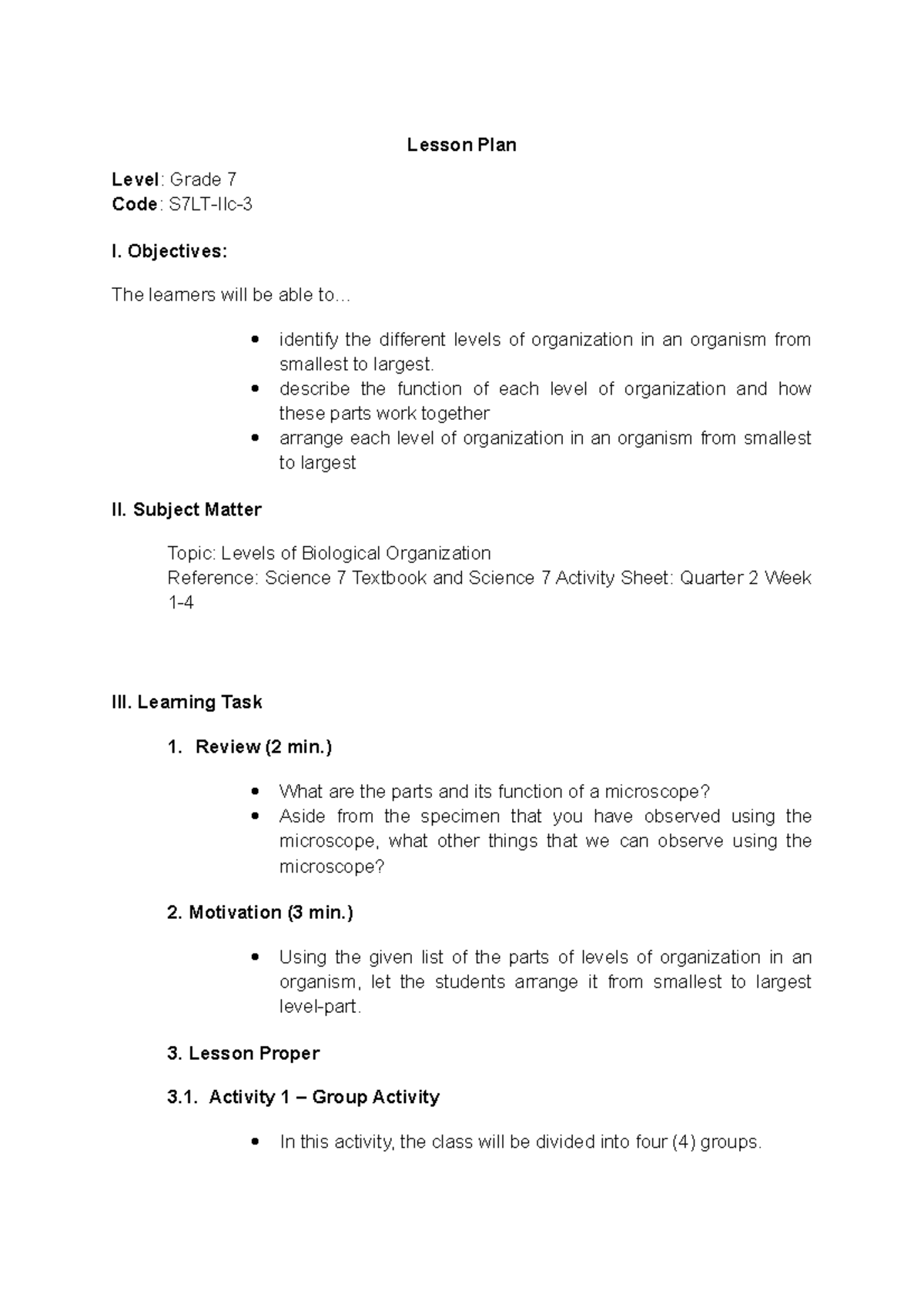 S7LT-IIc- Lesson Plan on Levels of Biological Organization - Studocu