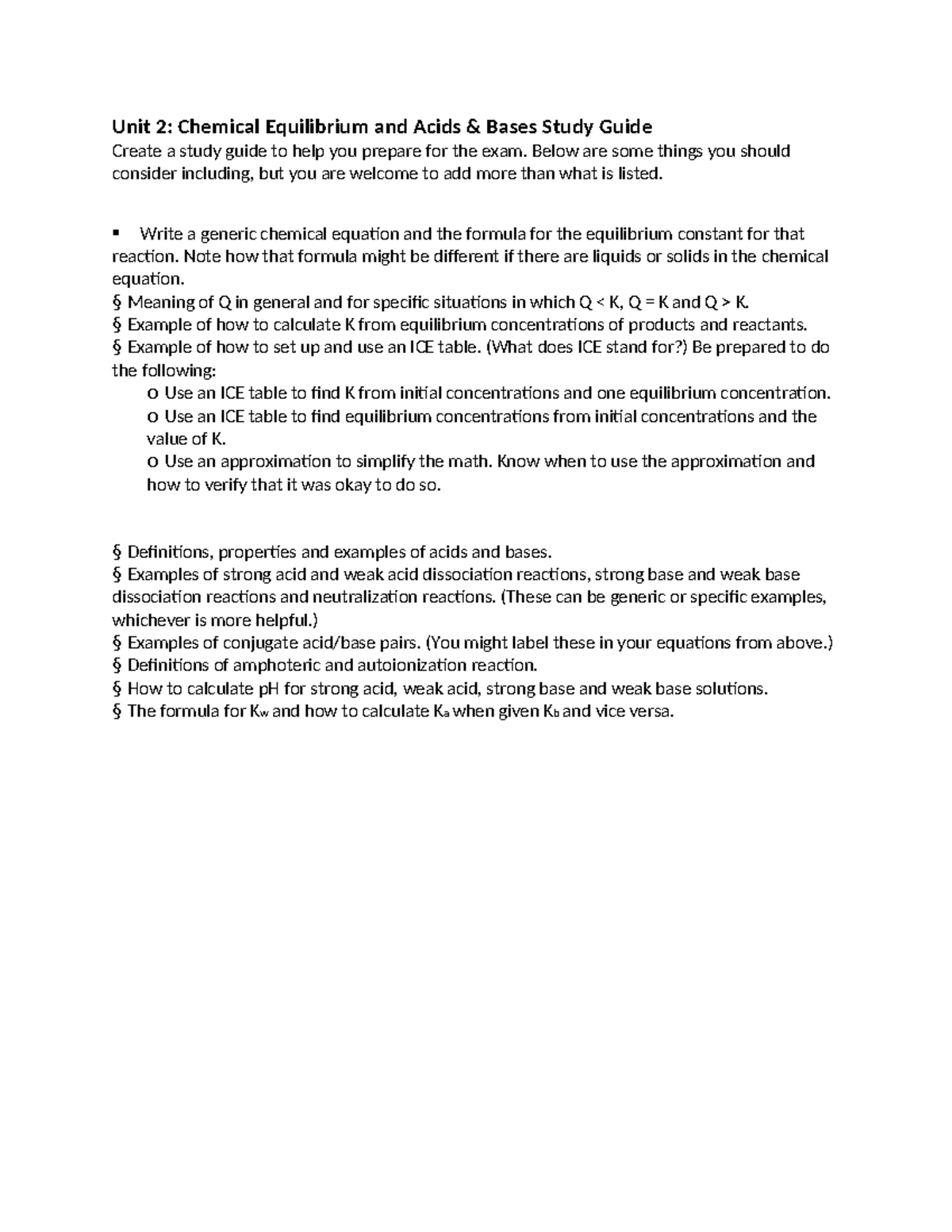 Unit 2: Chemical Equilibrium & Acids/Bases Study Guide for Exam - Unit ...