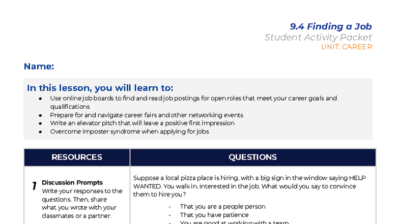 9.4 Career Skills: Finding a Job Student Activity Packet - Studocu