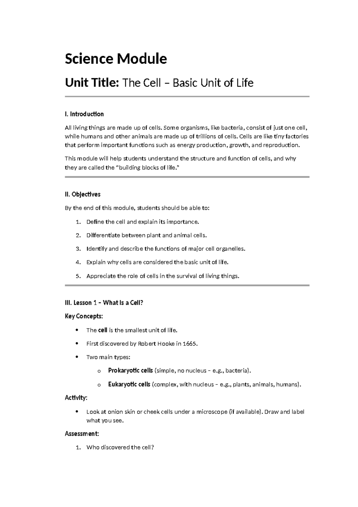 Science Module 2: Understanding Cells - The Basic Unit of Life - Studocu