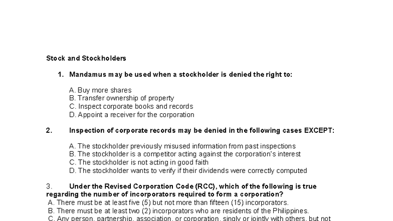 Quiz Reviewer for Stock and Stockholders (Course Code: FIN101) - Studocu