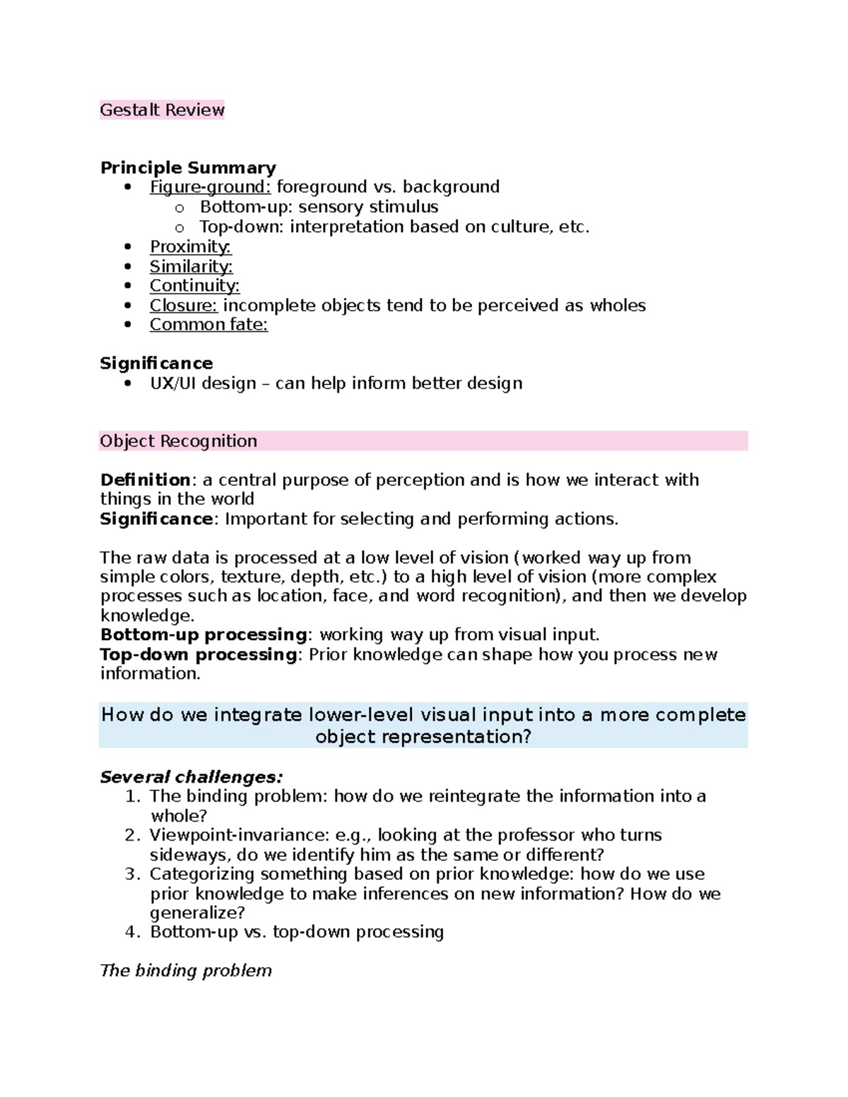 Psych 120 Lecture Notes: Gestalt Principles & Object Recognition - Studocu