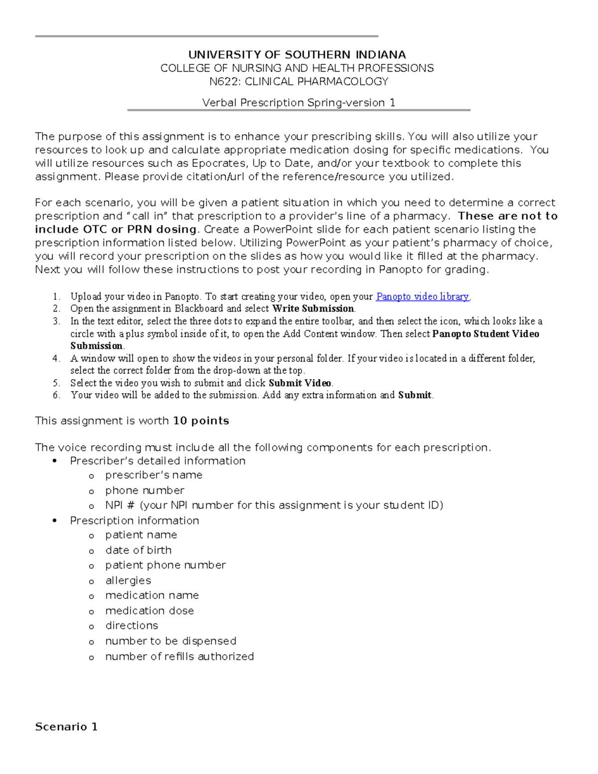 Verbal Prescription Scenarios N622: Clinical Pharmacology Assignment ...