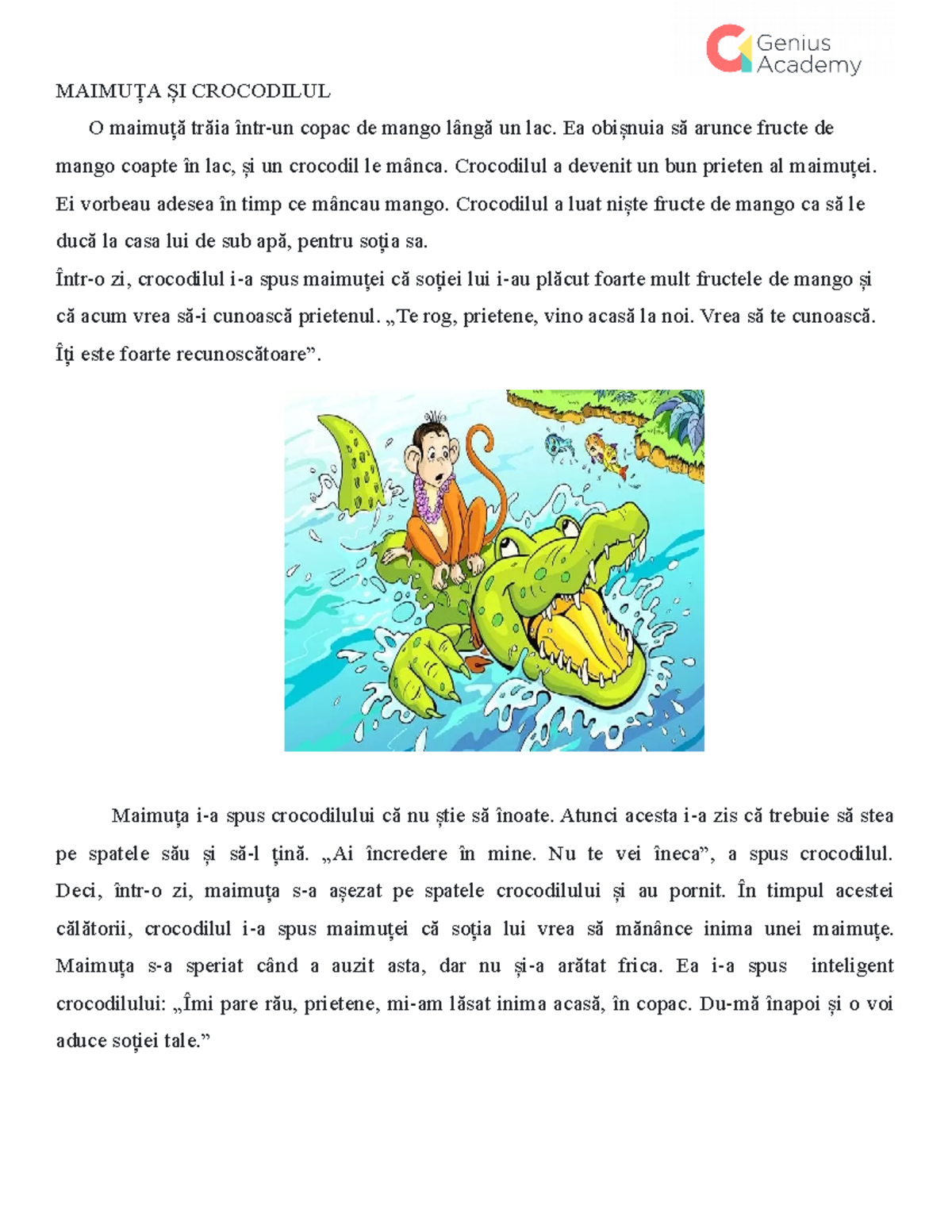 Maimuța și Crocodilul - materiale didactice pentru copii (MD C) - Studocu
