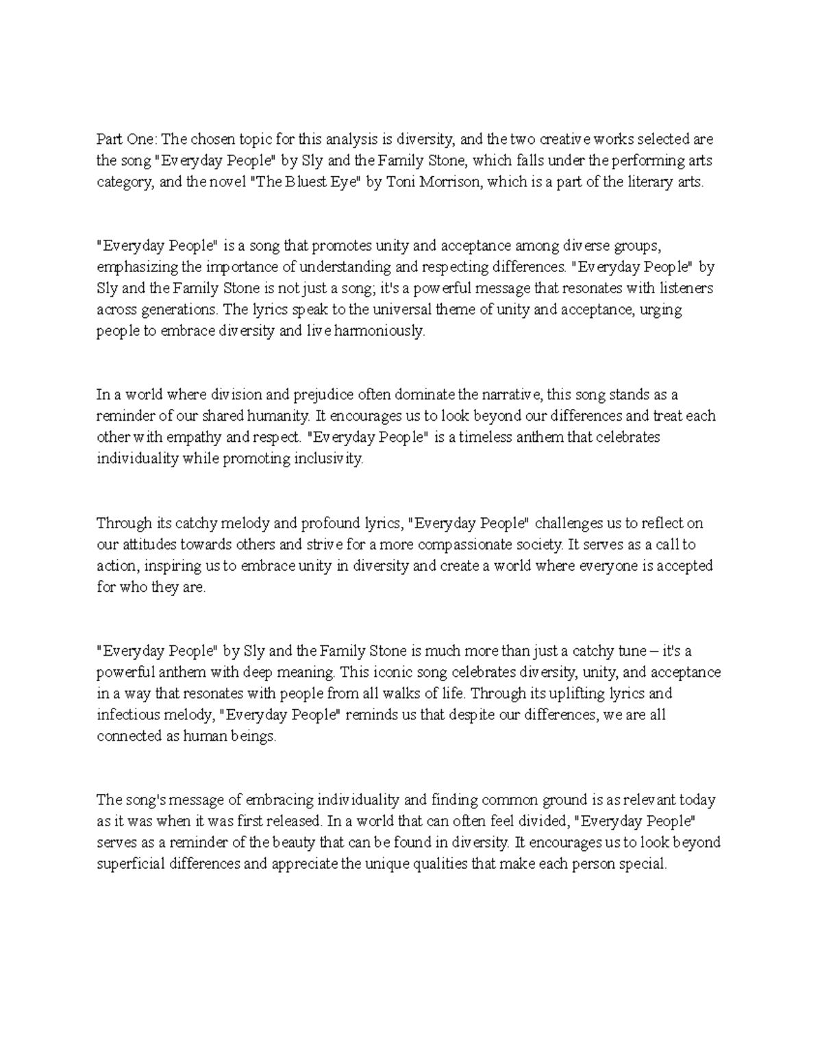 Analysis of Diversity in "Everyday People" and "The Bluest Eye" - HUM ...