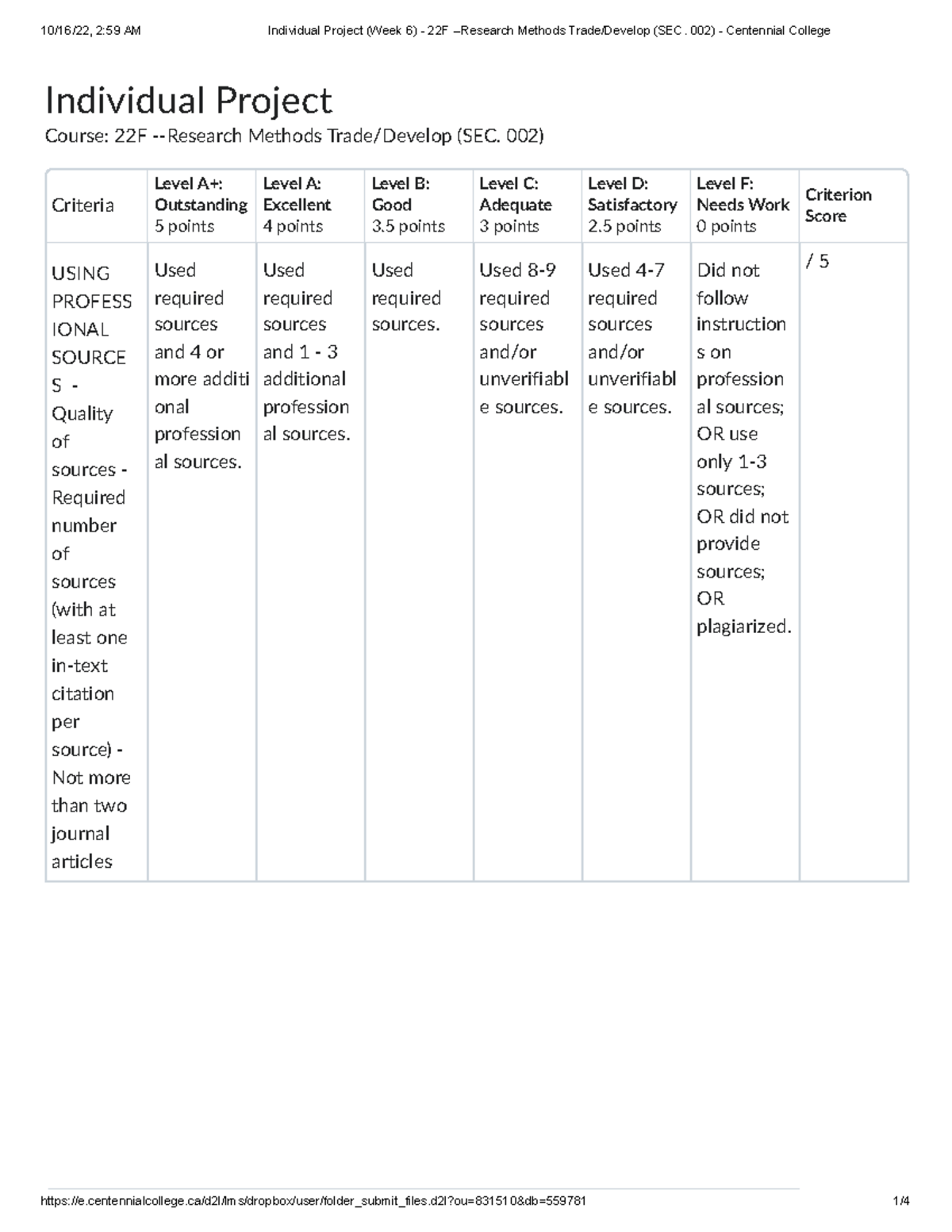 Rubrics - Rubric for the research - Individual Project Course: 22F ...