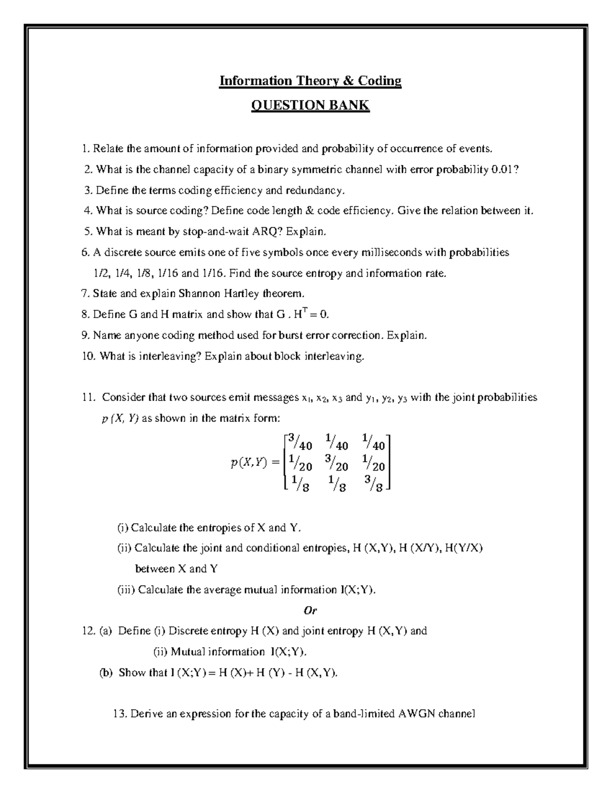 ITC 101: Information Theory Coding Question Bank - Studocu