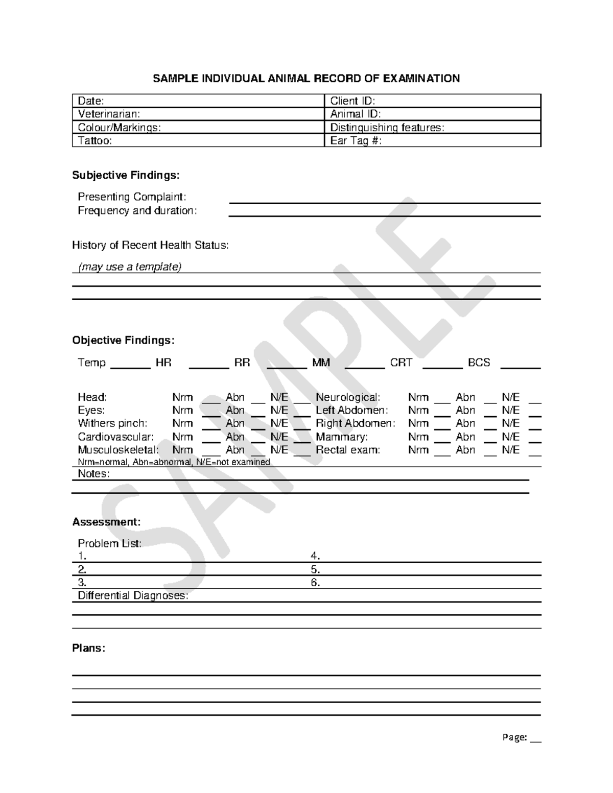 SAMPLE RECORD OF EXAMINATION FOR FOOD PRODUCING ANIMALS - Studocu