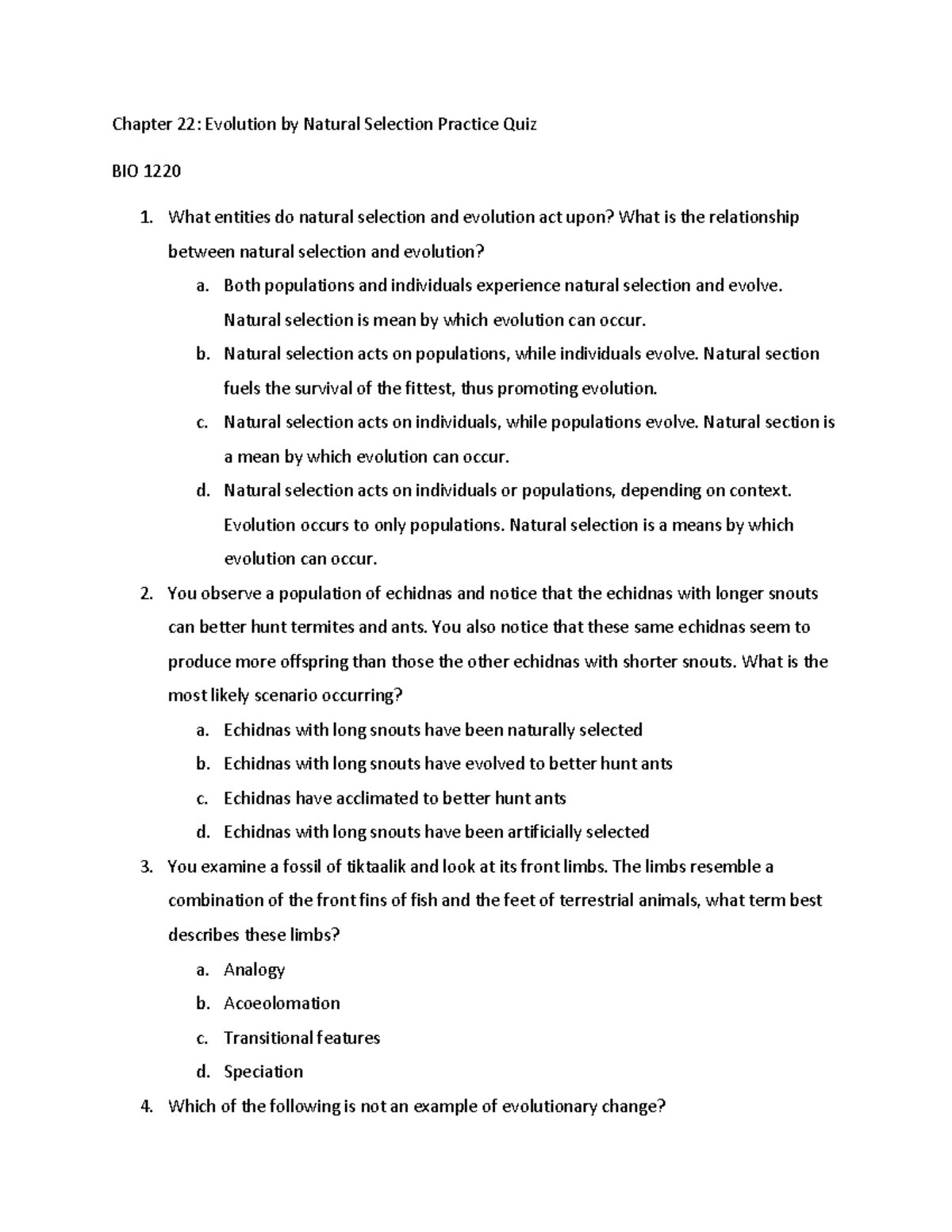 BIO 1220 Chapter 22: Evolution by Natural Selection Practice Quiz - Studocu