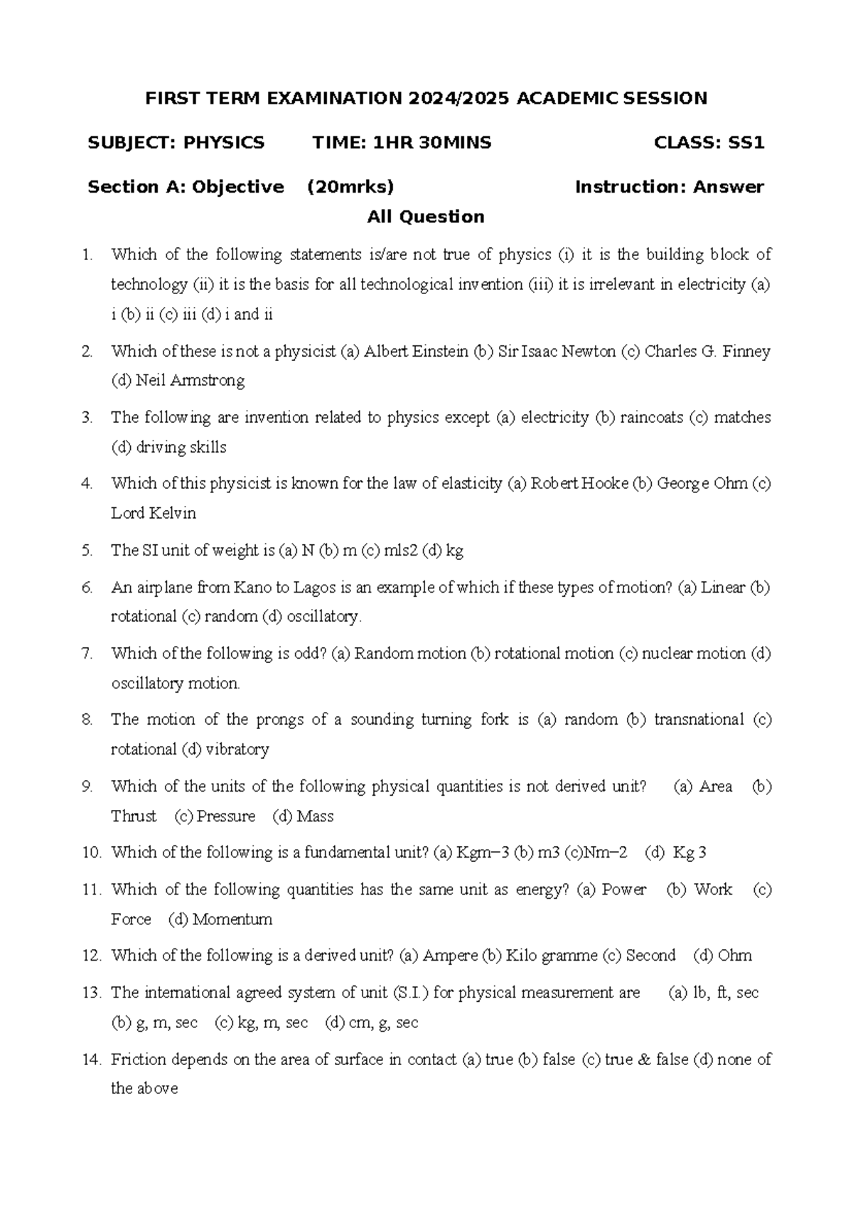 SS1 Physics First Term Exam 2024/2025 - Academic Session - Studocu