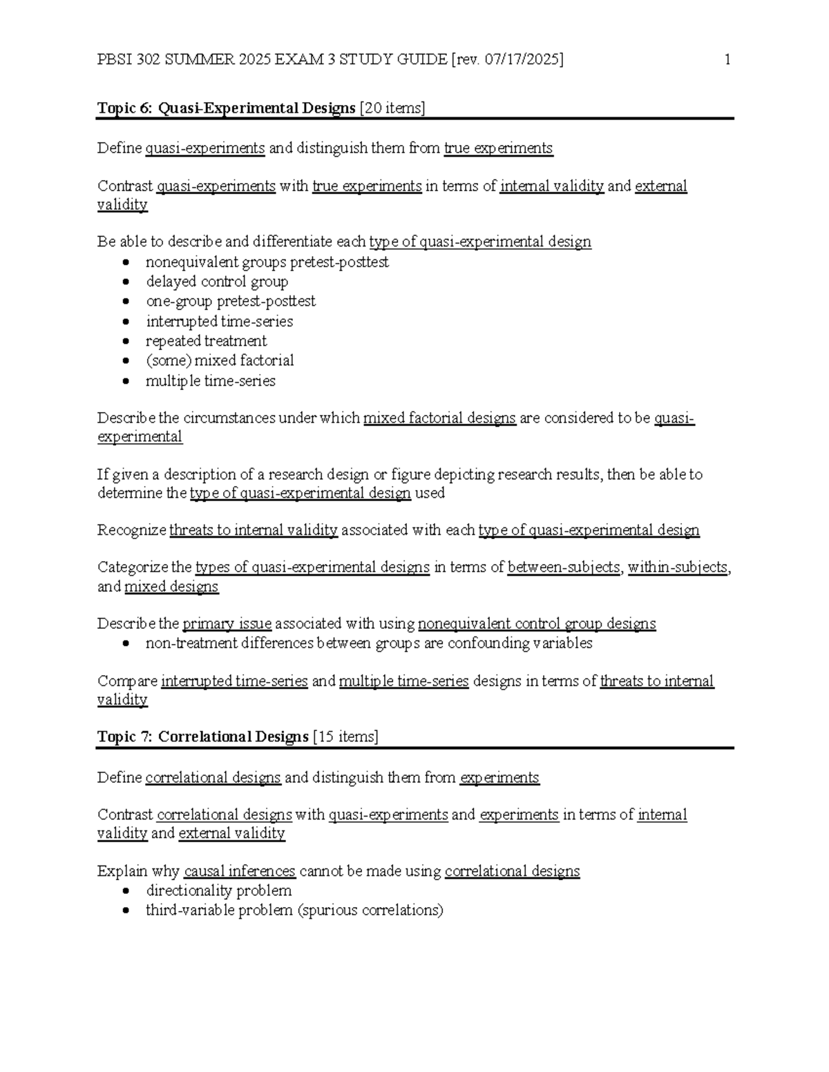 PBSI 302 Summer 2025 Exam 3 Study Guide: Research Designs Overview ...