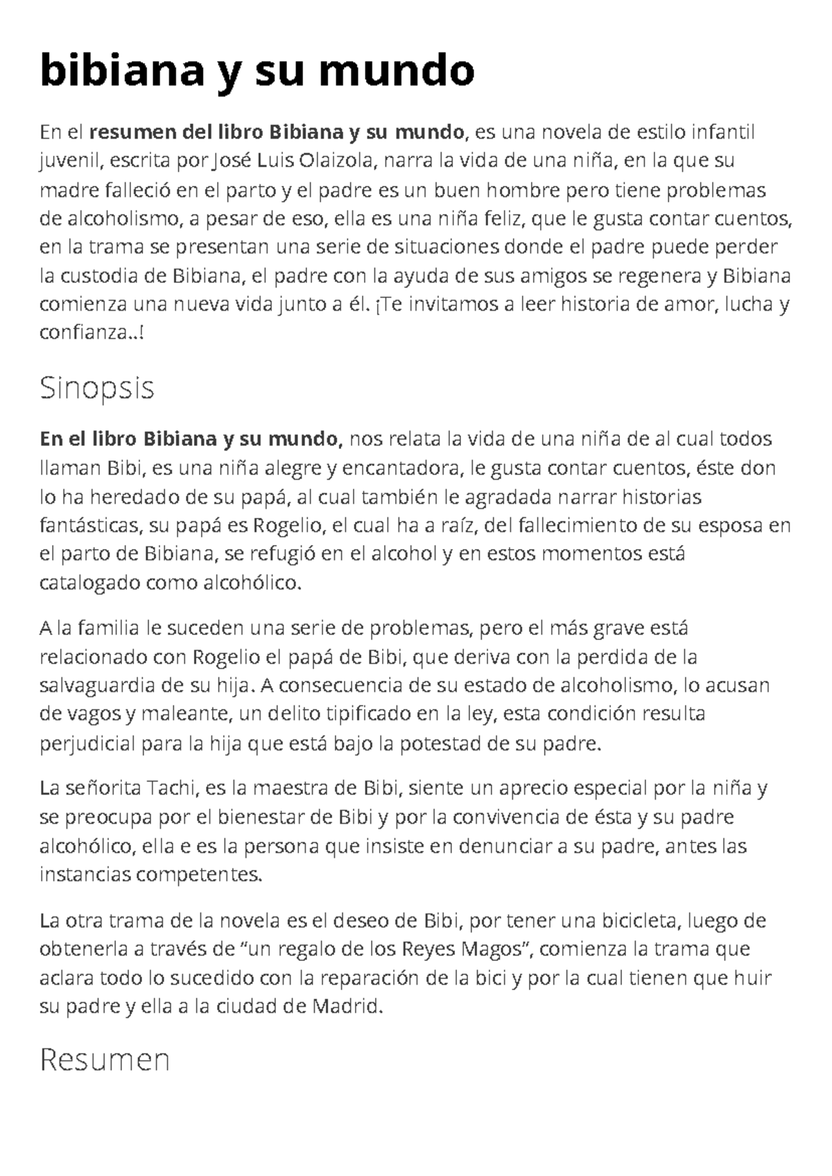 Resumen de "Bibiana y su mundo" - Novela de José Luis Olaizola - Studocu