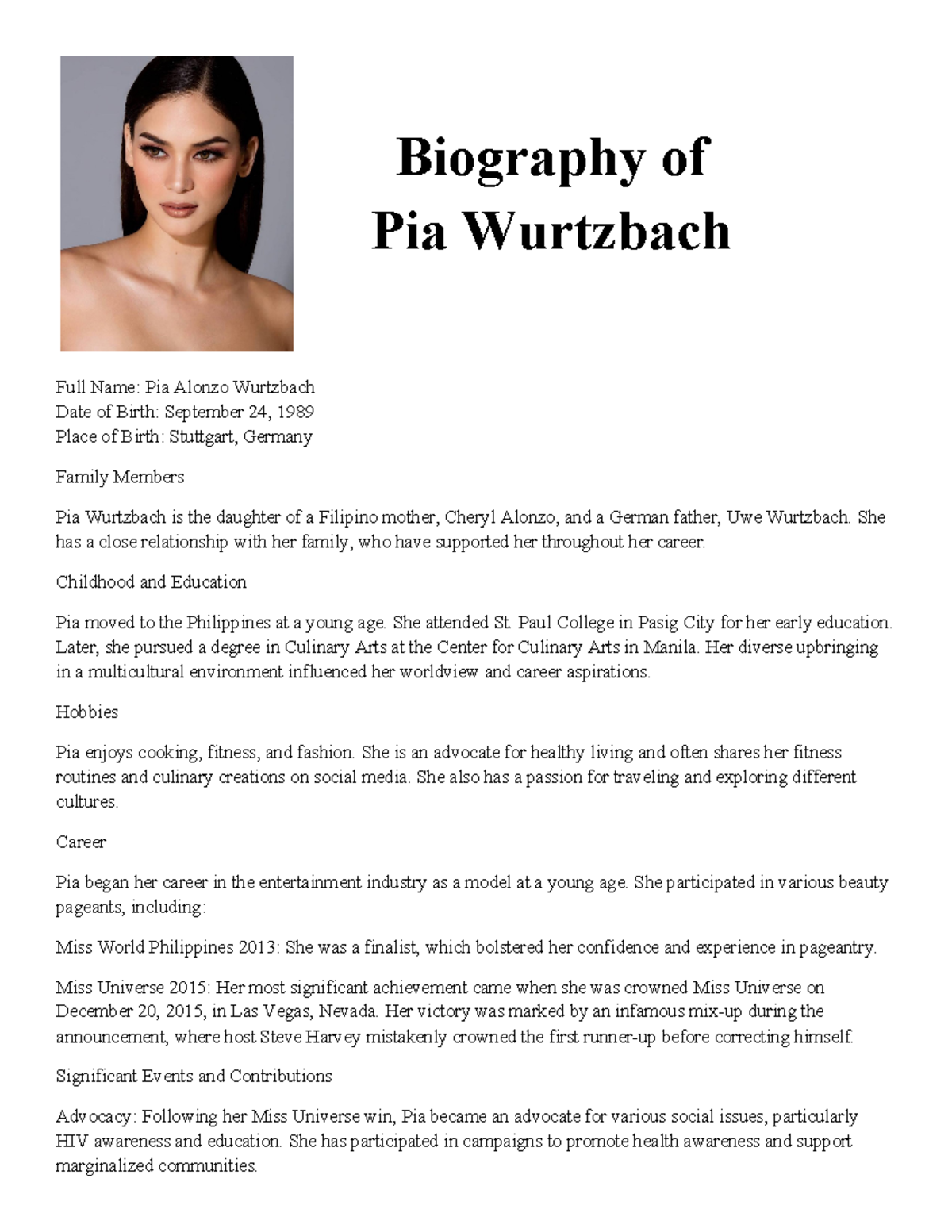 Pia Wurtzbach: Biography of the Miss Universe 2015 Winner - Studocu