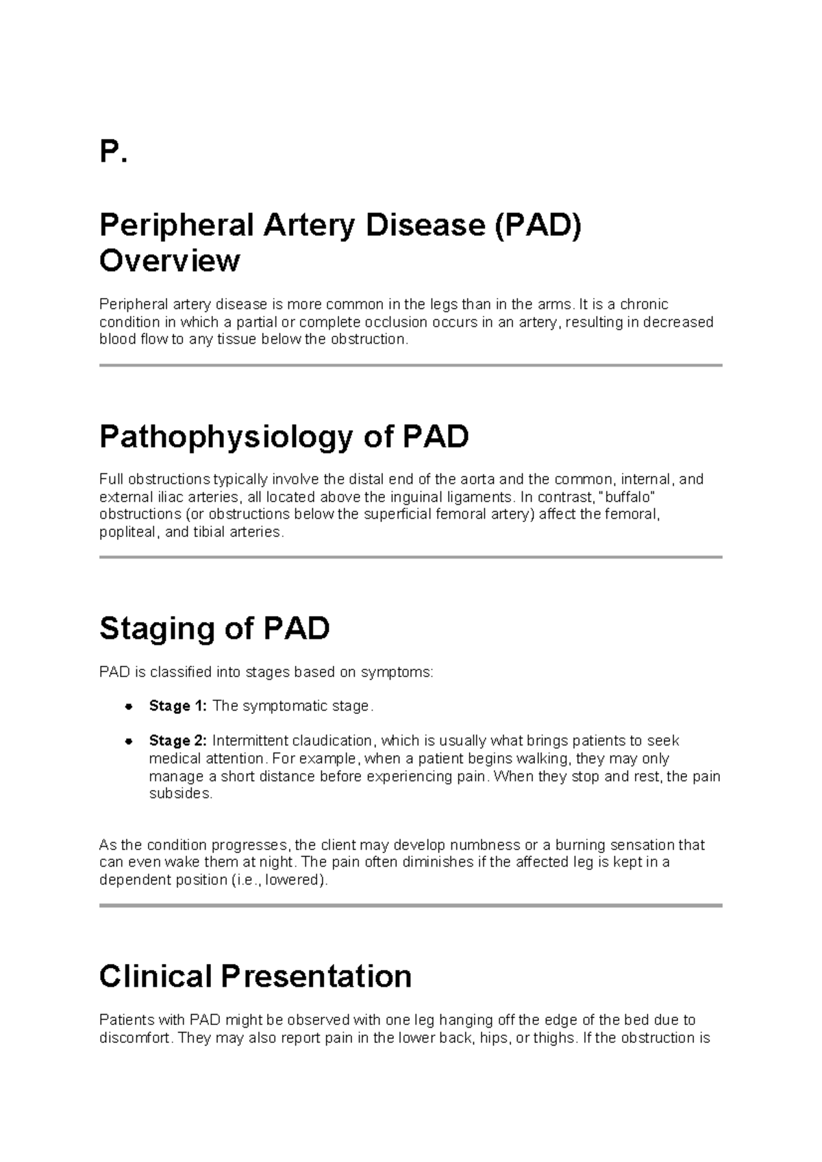 Peripheral Artery Disease (PAD) Overview - P. Peripheral Artery Disease ...