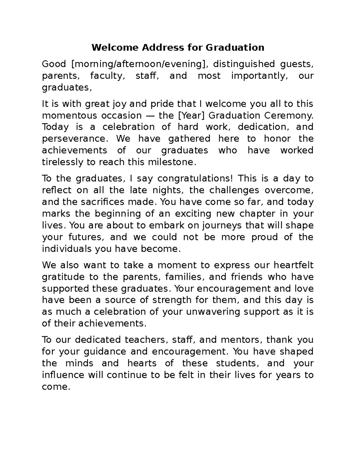Graduation Ceremony Welcome Address - Studocu