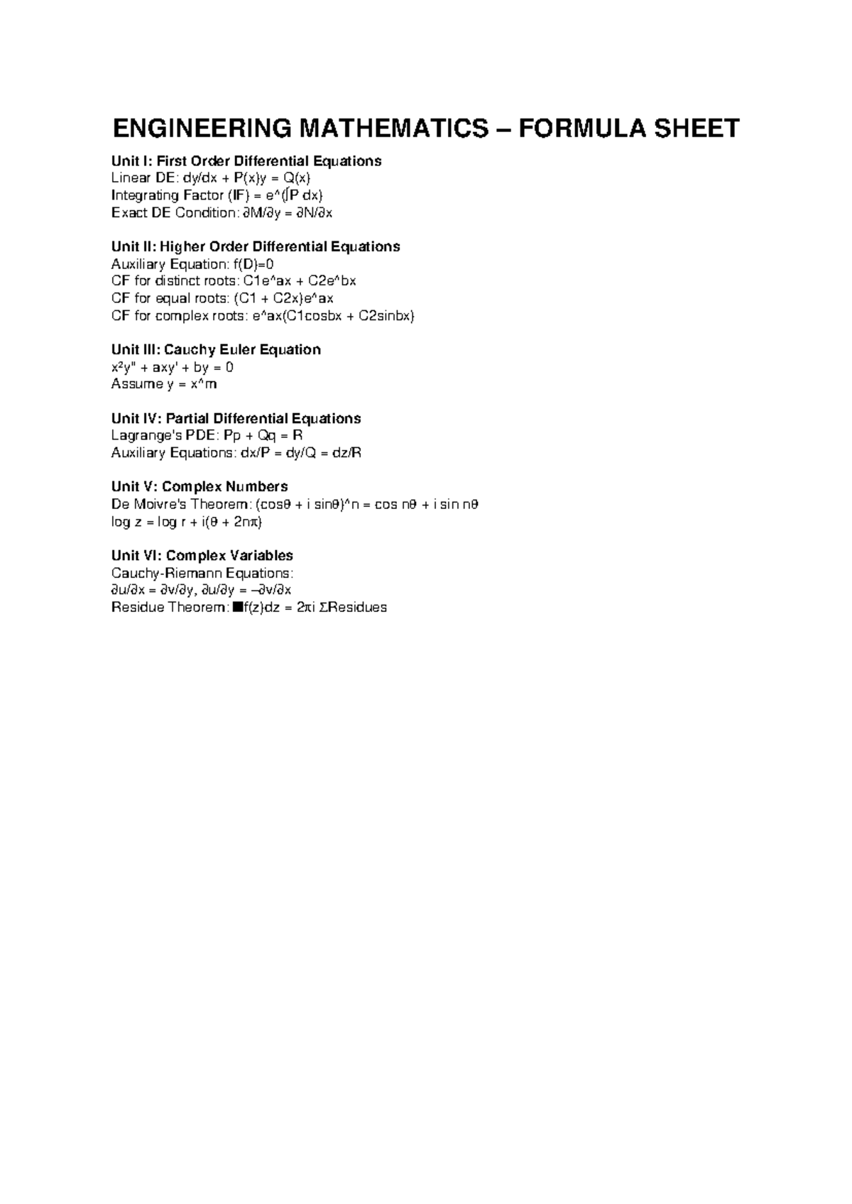 Engineering Maths Formula Sheet - ENGINEERING MATHEMATICS – FORMULA ...