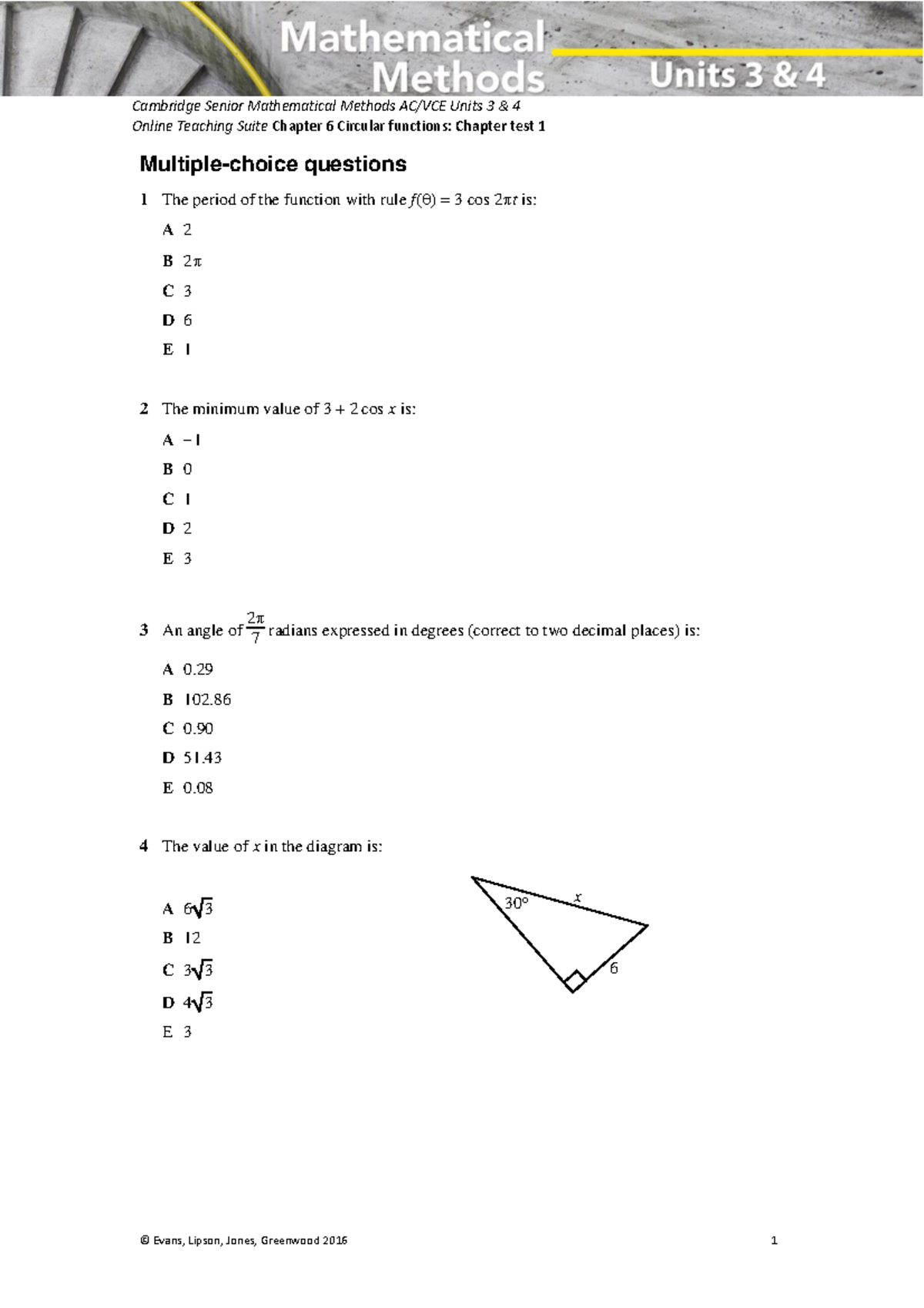 Chapter 6 Test 1: Circular Functions Assessment Questions - Studocu