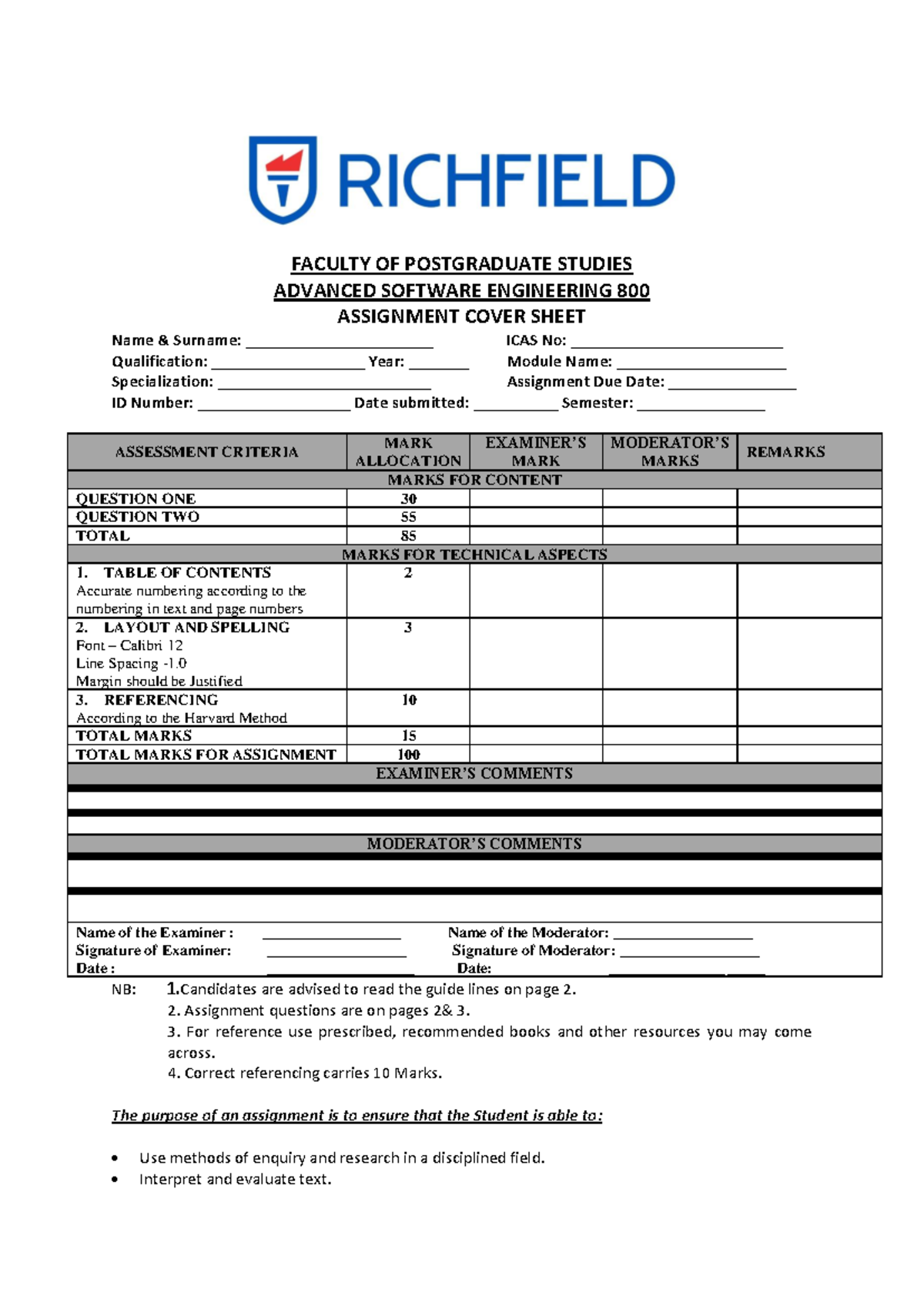 Advanced Software Engineering 800 - Assignment Guidelines and Questions ...