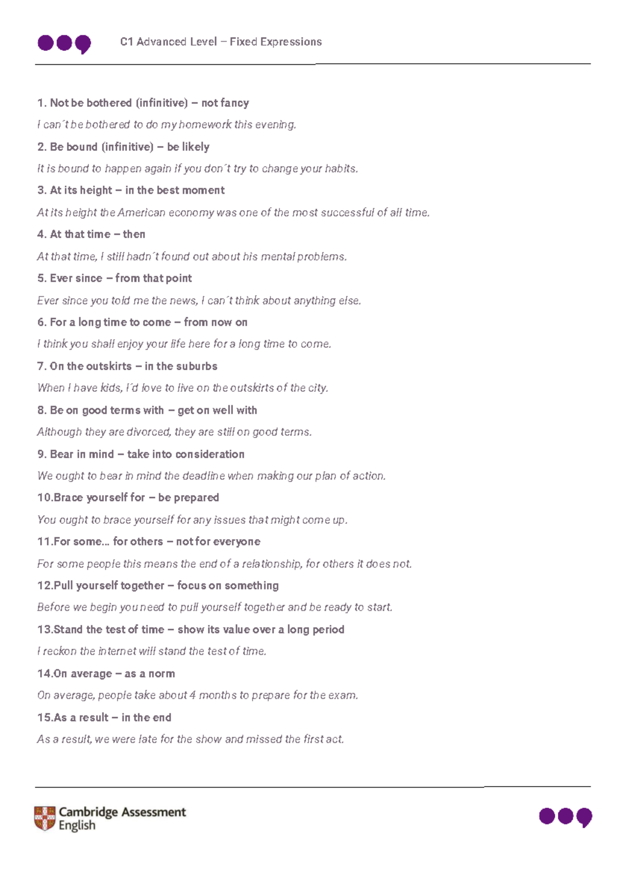C1 Advanced Fixed Expressions: Comprehensive Study Guide - Studocu