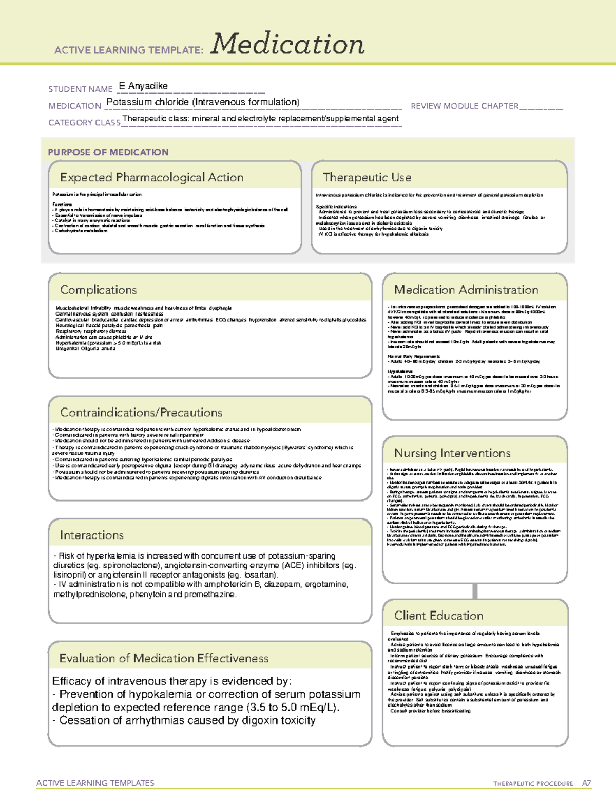 Active Learning Template IV: Potassium Chloride Administration - Studocu