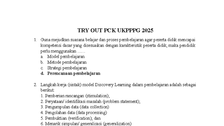 TRY OUT PCK UKPPPG 2025: Soal dan Pembahasan Pembelajaran - Studocu