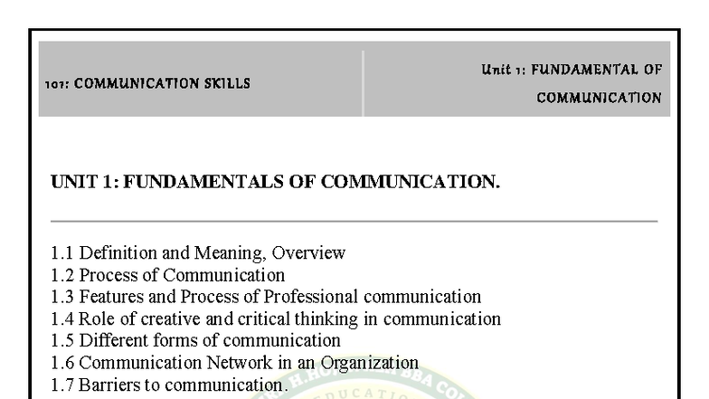 F Y BC A (Sem 1) UNIT-1: Fundamentals of Communication Skills - Studocu
