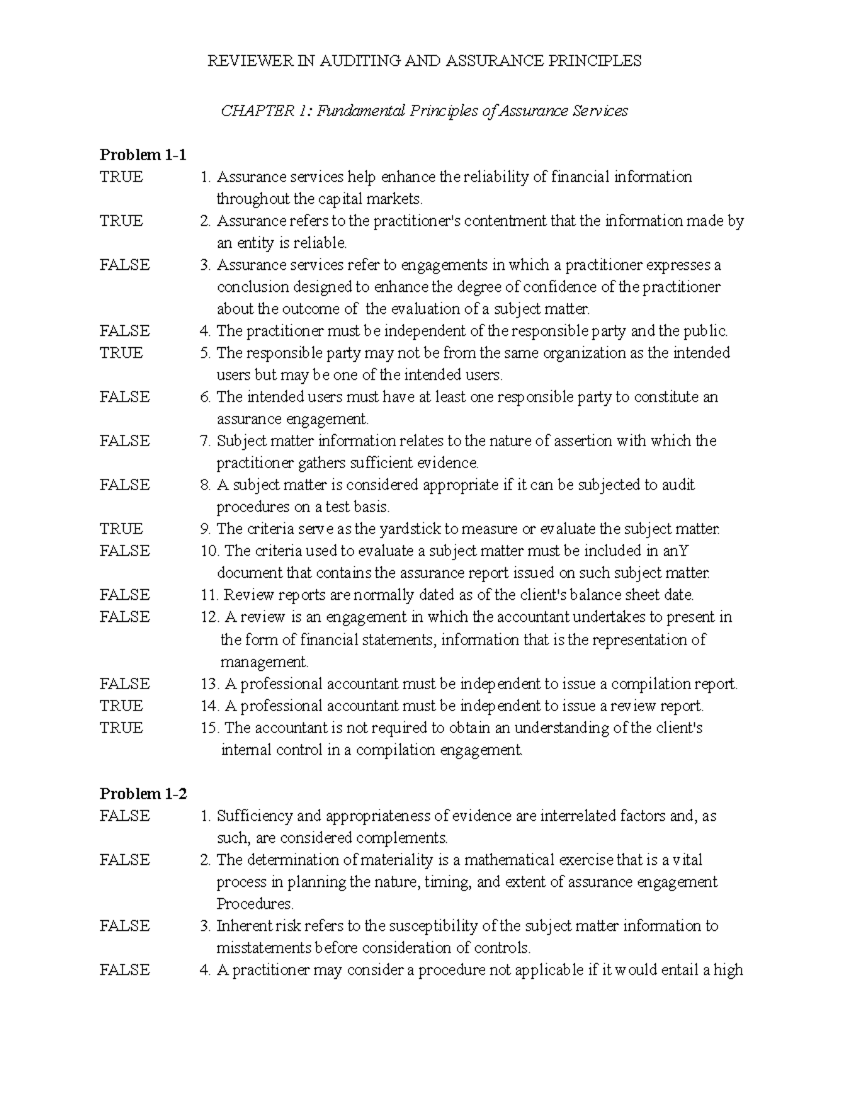 REVIEWER IN AUDITING AND ASSURANCE PRINCIPLES CHAPTER 1: Key Concepts and - Studocu